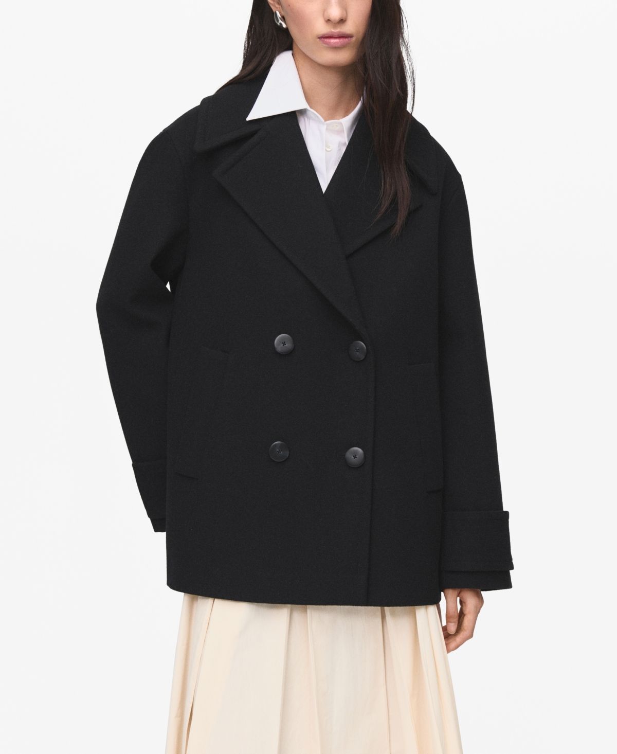 Click here for Mango Womens Double-Breasted Wool Blend Coat - Bla... prices