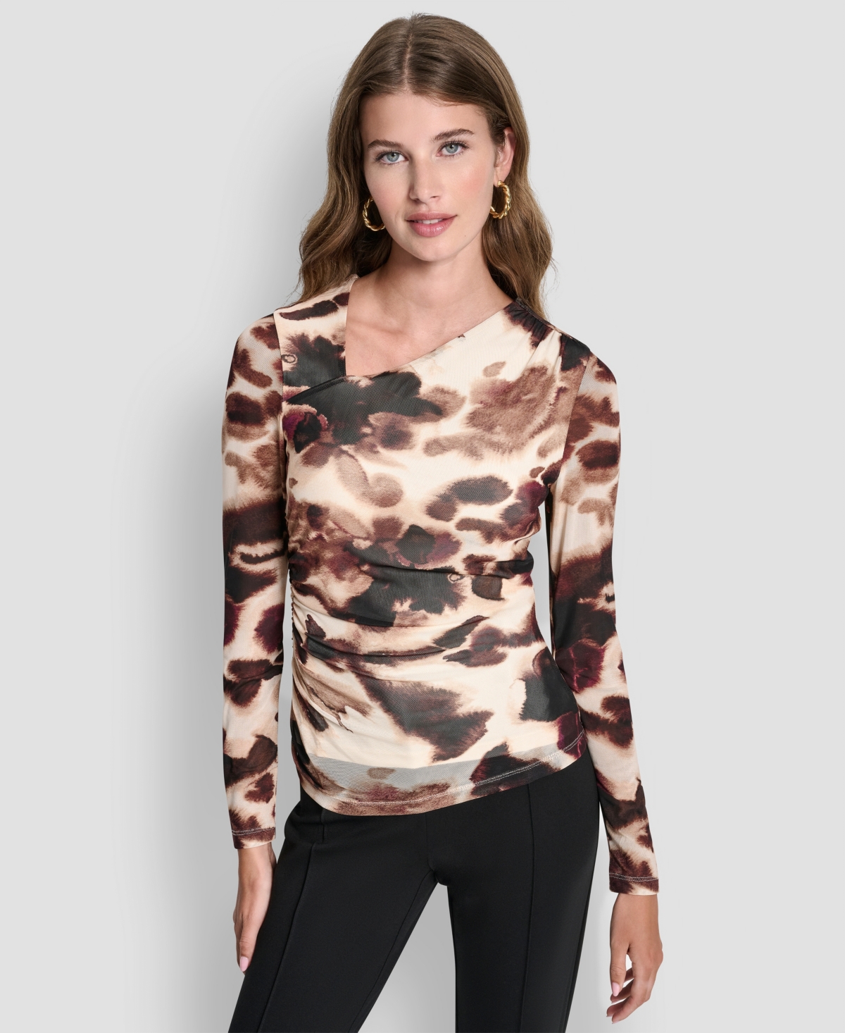 Click here for Dkny Petite Asymmetrical Neck Side Ruched Top - Bl... prices