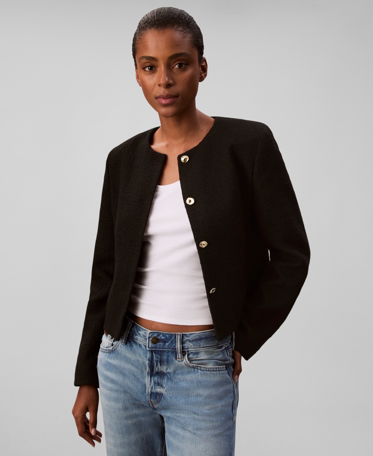 Calvin Klein Womens Long Sleeve Tweed Jacket - Black
