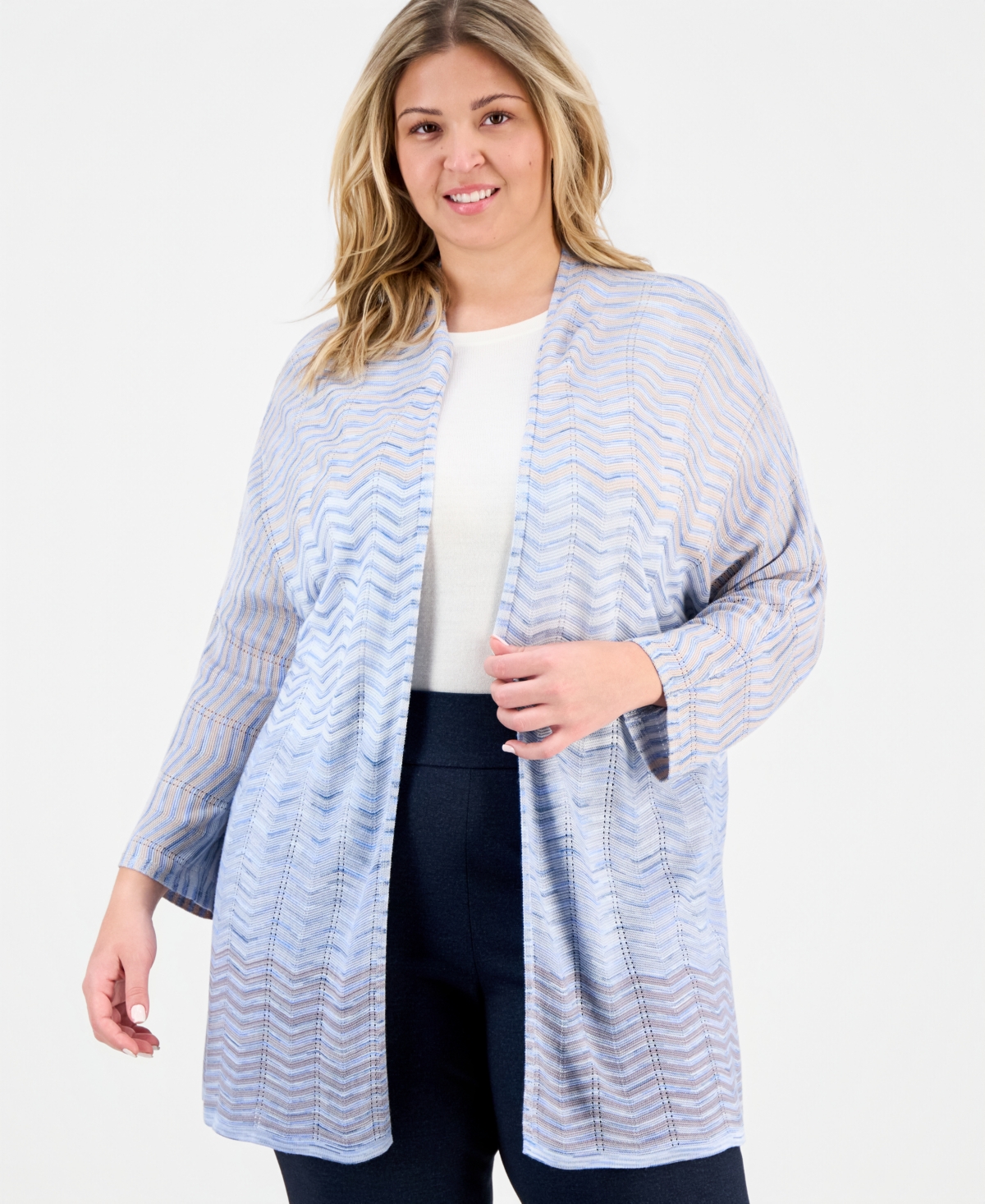Click here for Anne Klein Plus Size Open-Front Zig-Zag Knit Cardi... prices