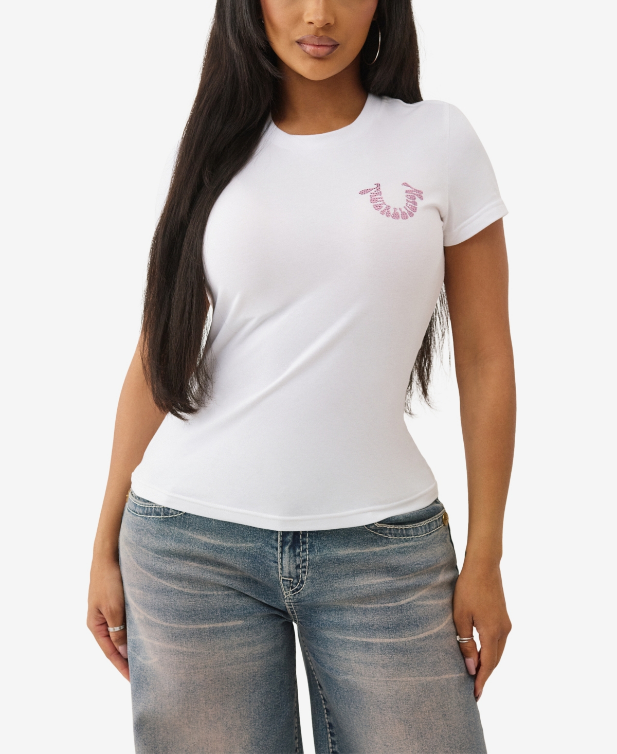 True Religion Womens Crystal Horseshoe Crew T-Shirt - White