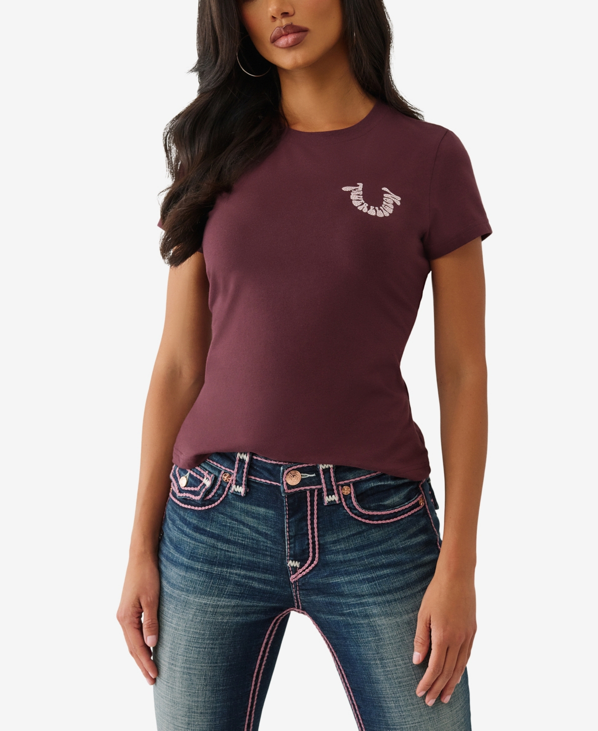 True Religion Womens Crystal Horseshoe Crew T-Shirt - Fudge