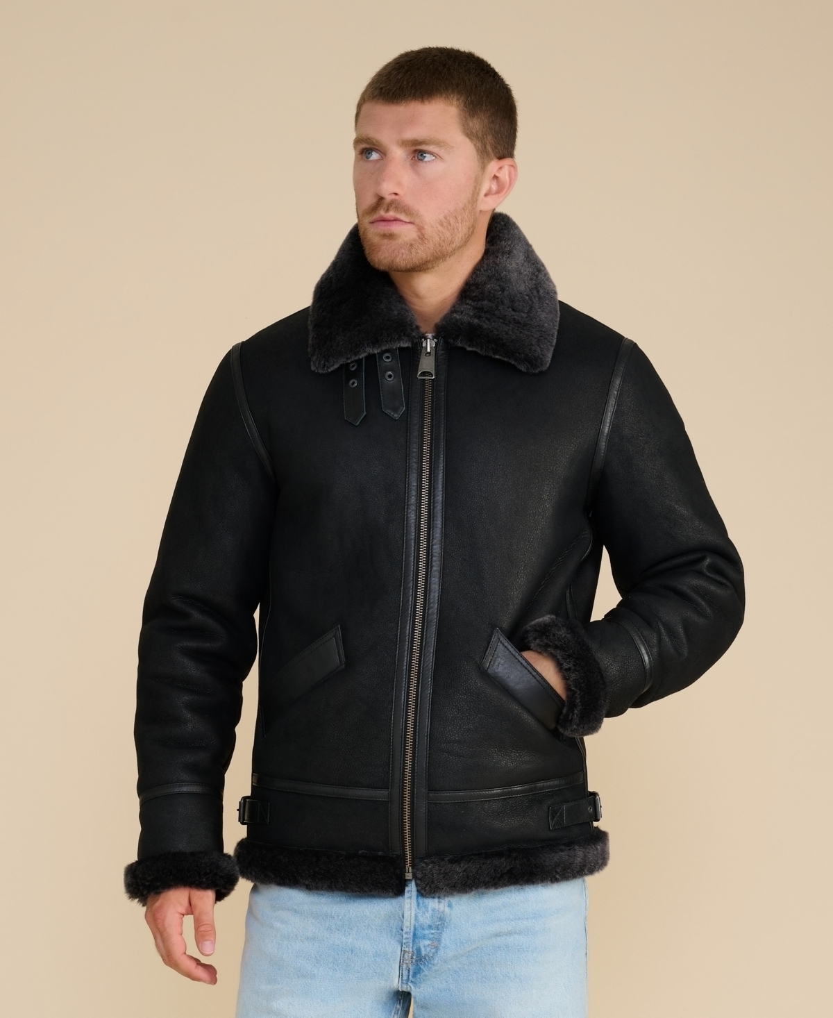 Click here for Mens Suede Shearling Jacket  Black - Black prices