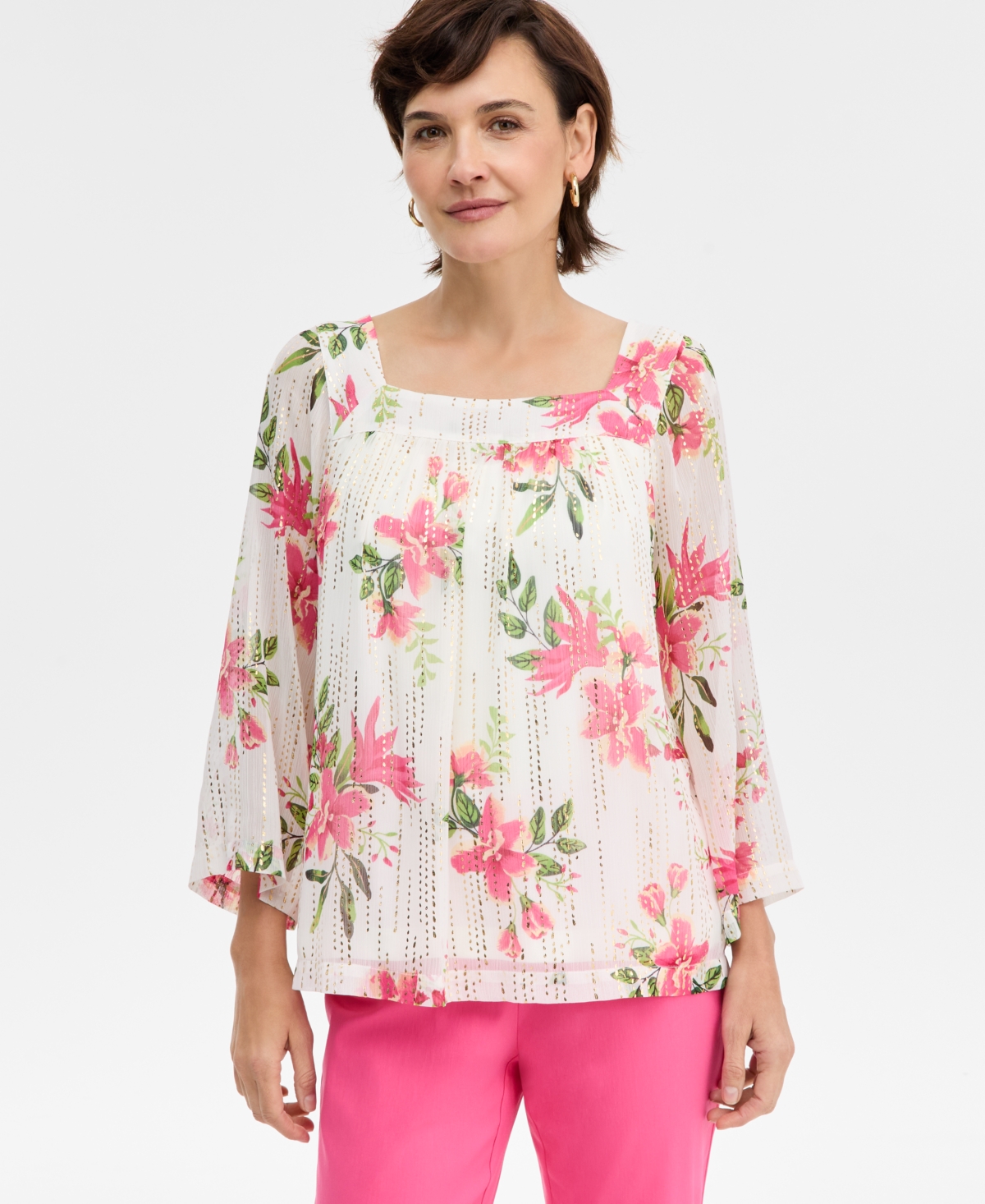 Click here for Jm Collection Womens Floral Shine Square-Neck Top... prices