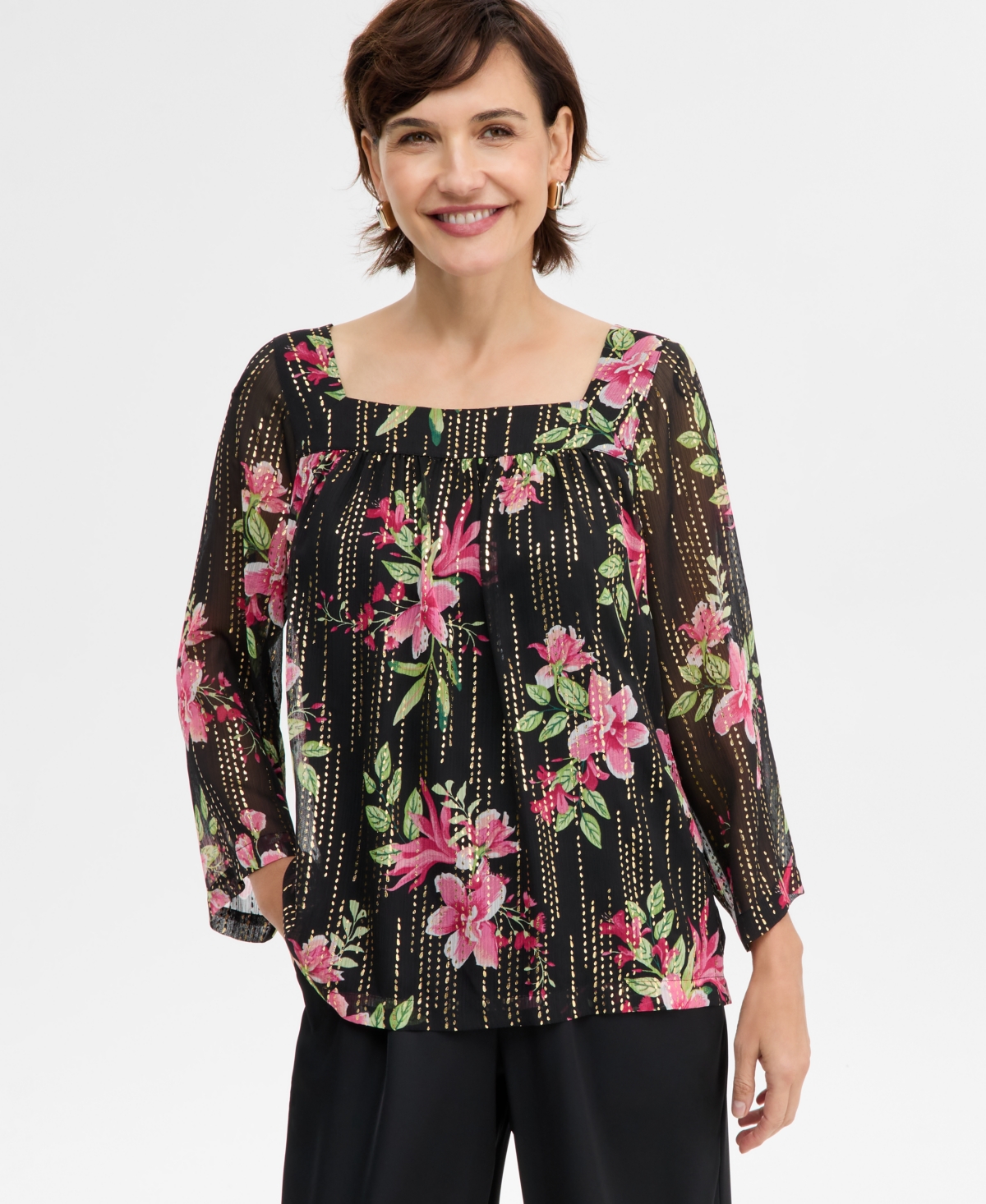 Click here for Jm Collection Womens Floral Shine Square-Neck Top... prices