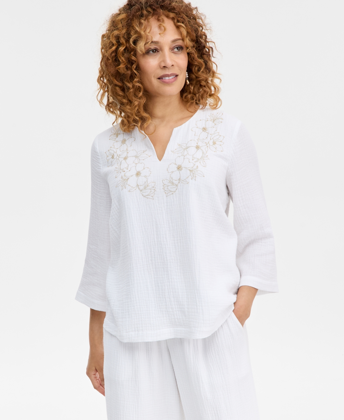 Click here for Jm Collection Womens Cotton Beaded Gauze Top  Macy... prices