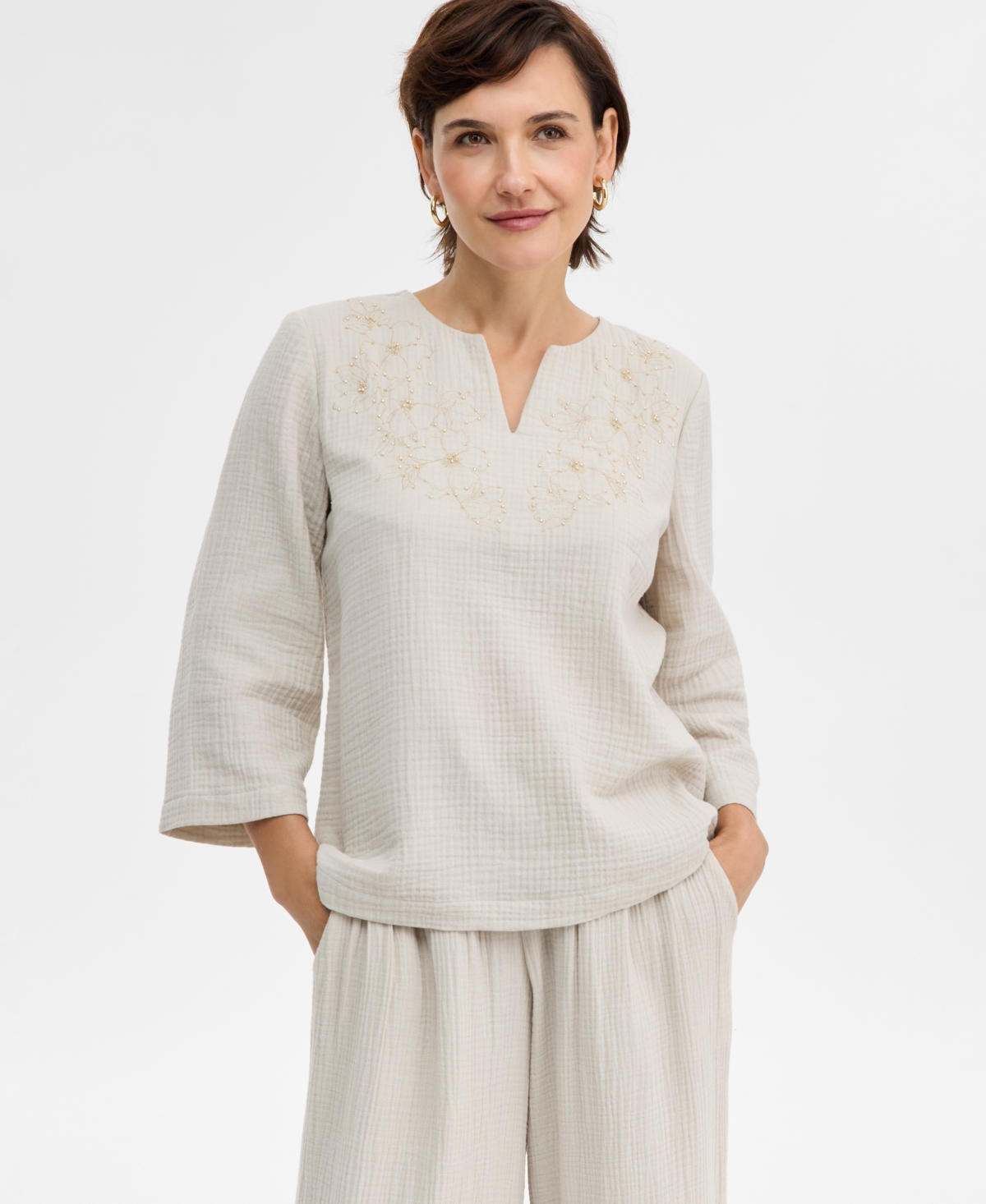 Click here for Jm Collection Womens Cotton Beaded Gauze Top  Macy... prices