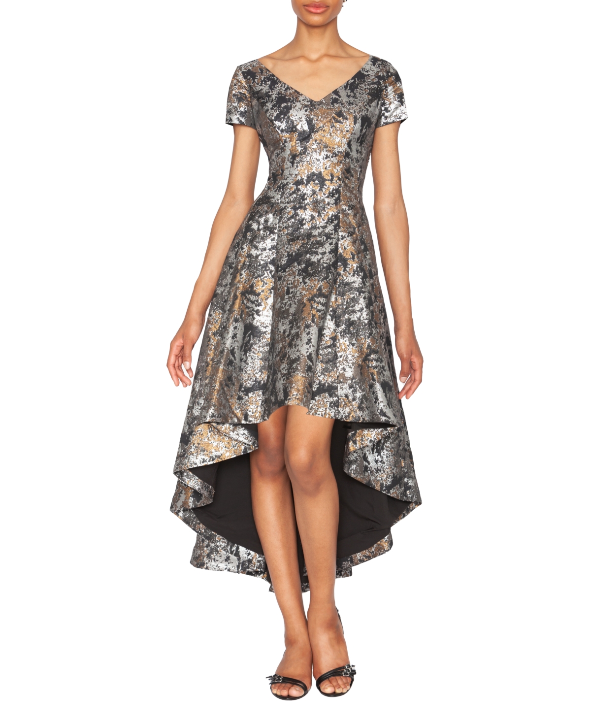 White Tie by Shani Womens V-Neck Jacquard High-Low Dress - Black/Gold