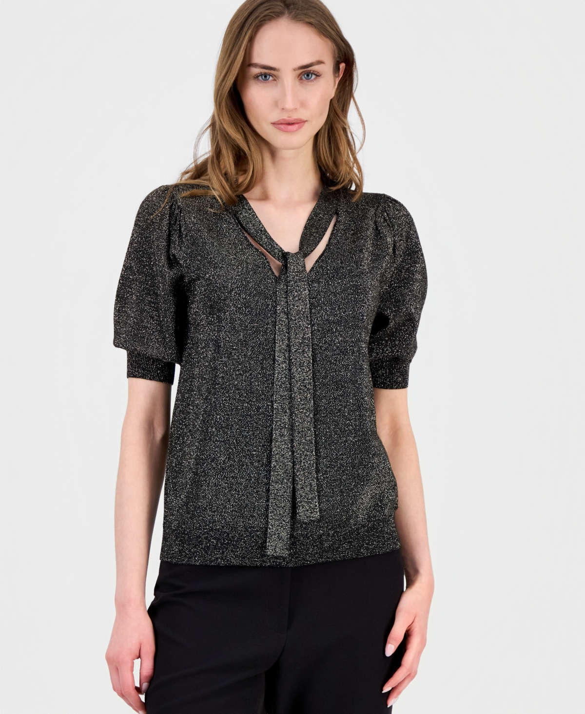 Click here for T Tahari Womens Tie-Neck Elbow-Sleeve Metallic Top... prices