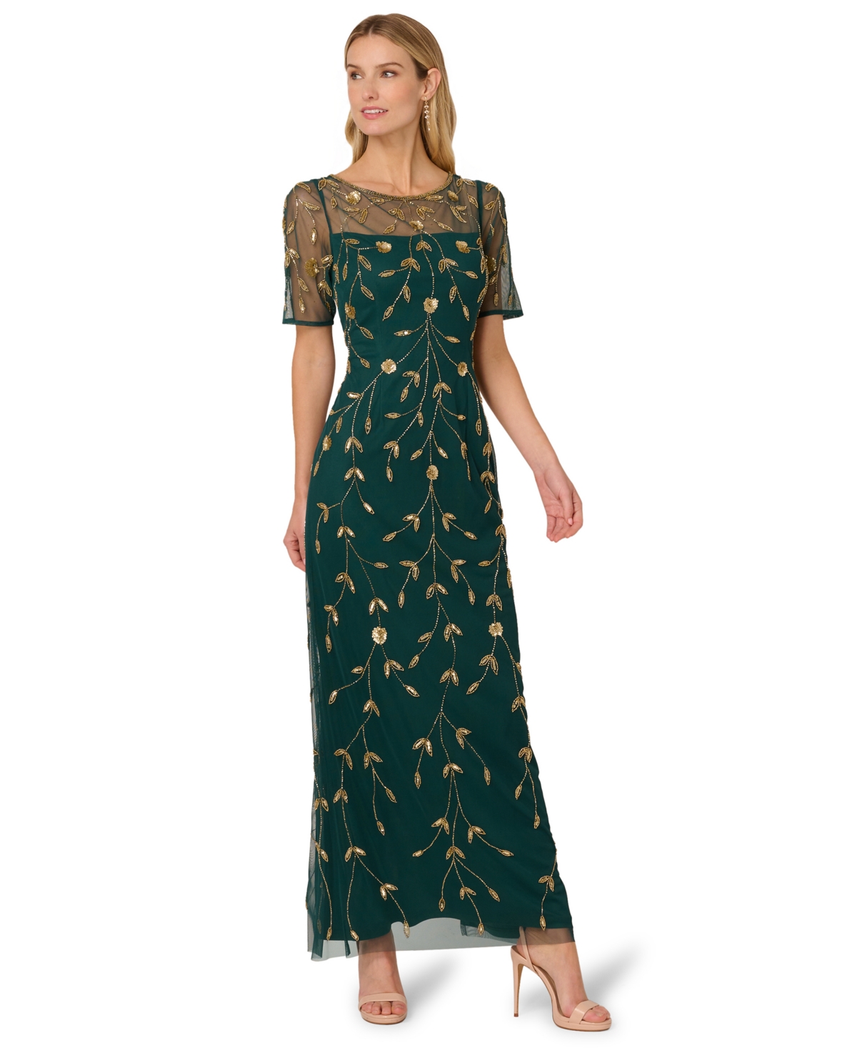 Click here for Adrianna Papell Womens Printed Bead Mesh Long Dres... prices