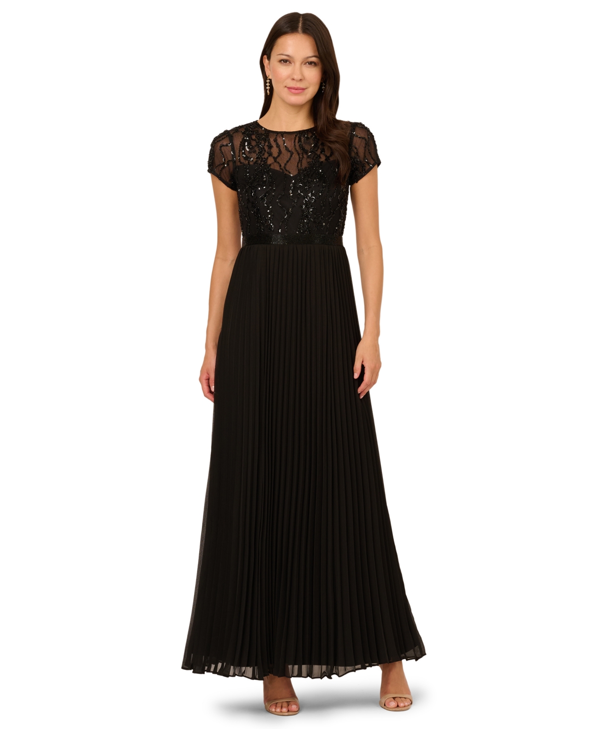 Adrianna Papell Womens Bead Pleat Long Dress - Black