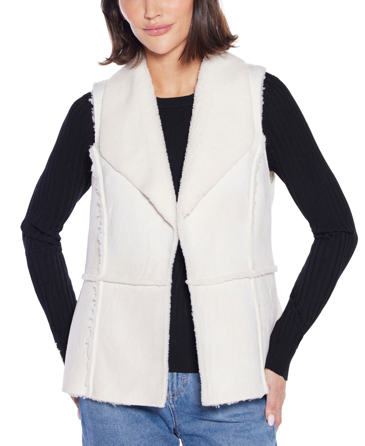 Click here for Belldini Womens Black Label Sherpa-Trim Sweater Ve... prices