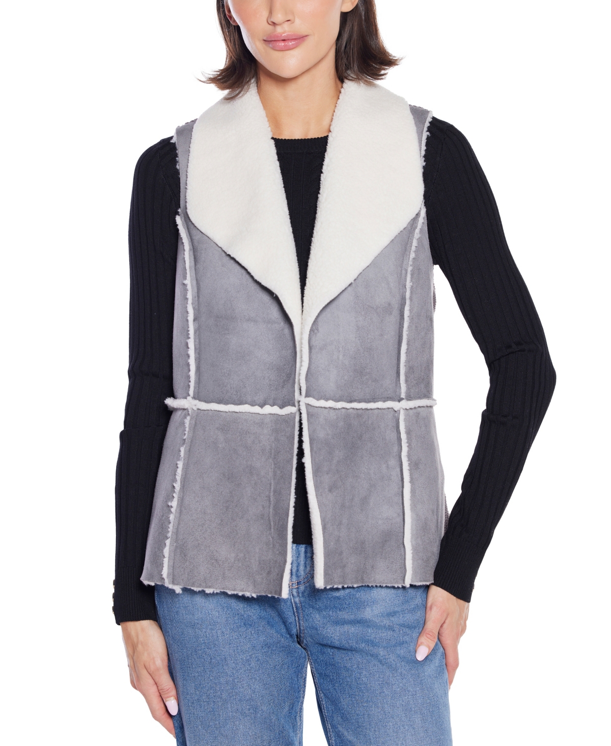 Click here for Belldini Womens Black Label Sherpa-Trim Sweater Ve... prices