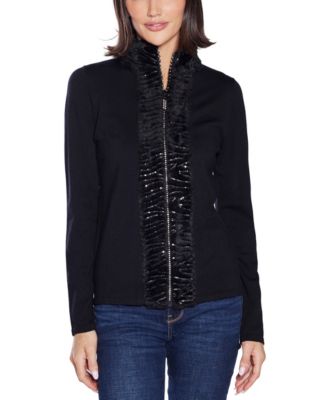 Belldini Black Label Women’s Faux Fur Trim Rhinestone-Zip Cardigan ...