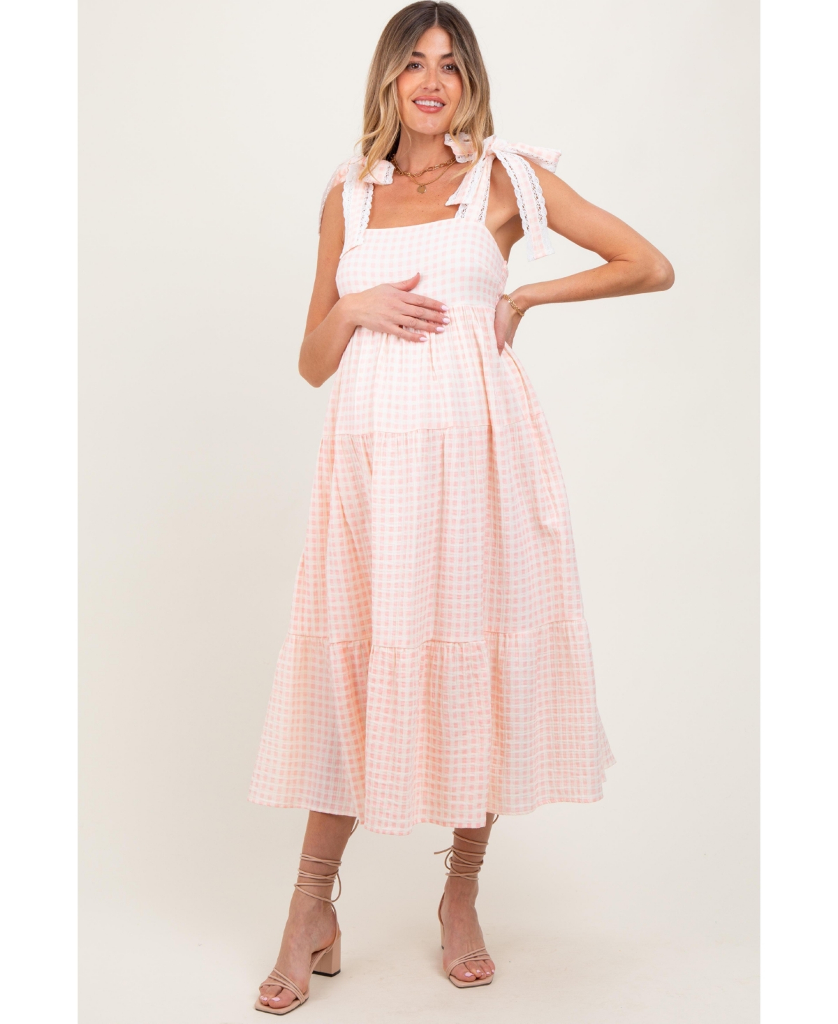 Click here for Pinkblush Maternity Light Pink Gingham Lace Trim S... prices