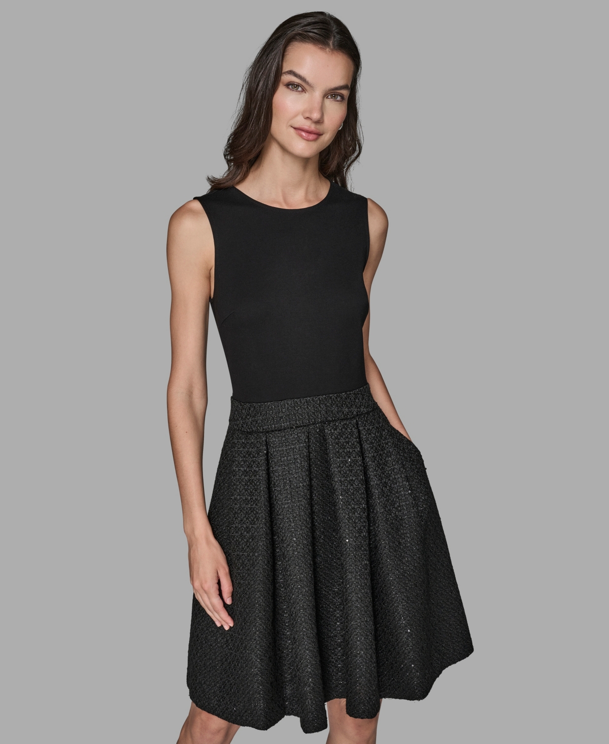 Karl Lagerfeld Paris Womens Novelty Fit and Flare Dress - Black Multi