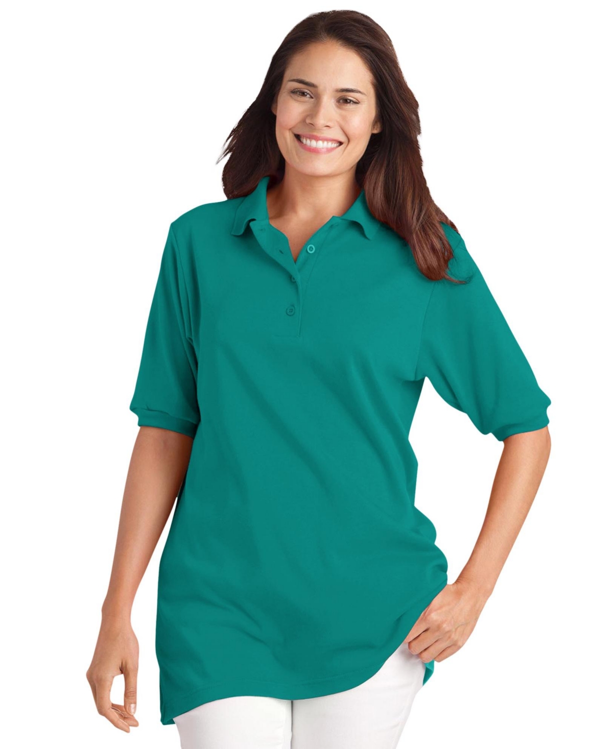 Click here for Woman Within Plus Size Within Elbow-Sleeve Polo Tu... prices
