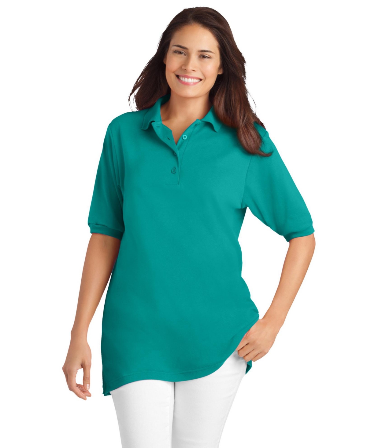 Click here for Woman Within Plus Size Within Elbow-Sleeve Polo Tu... prices