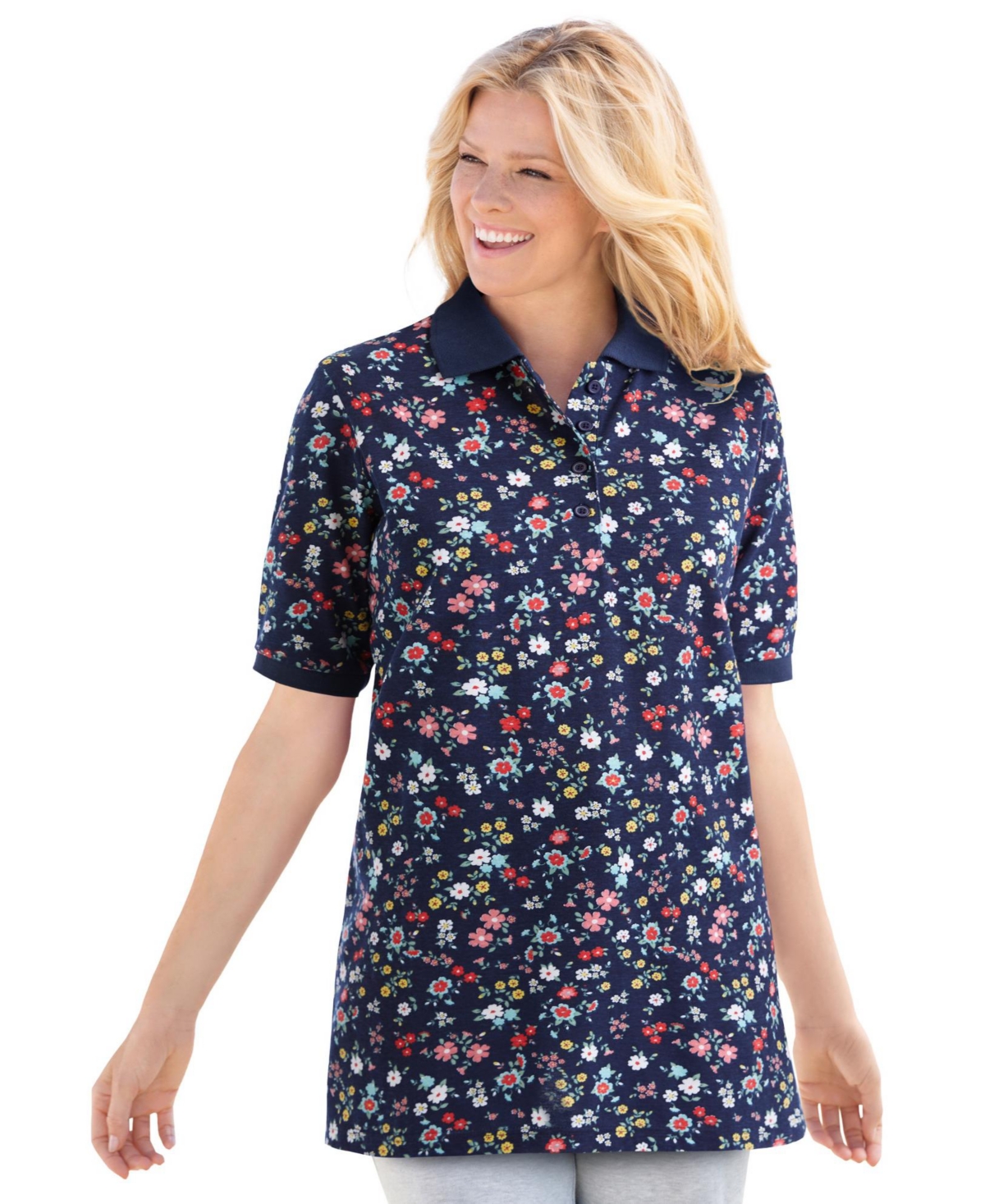 Click here for Woman Within Plus Size Within Elbow-Sleeve Polo Tu... prices