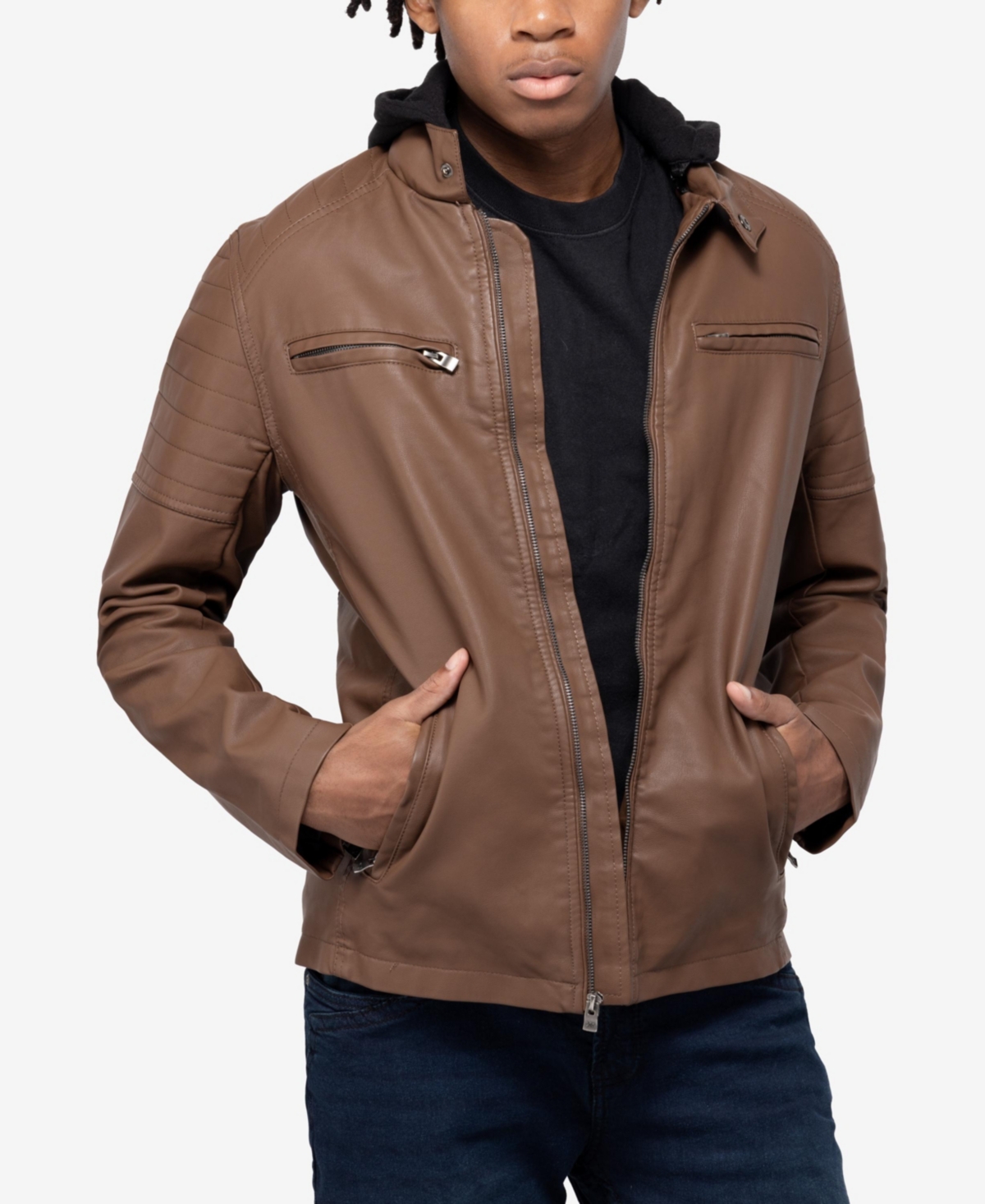 Click here for Xray Mens Hooded Stand Collar Pu Leather Jacket -... prices