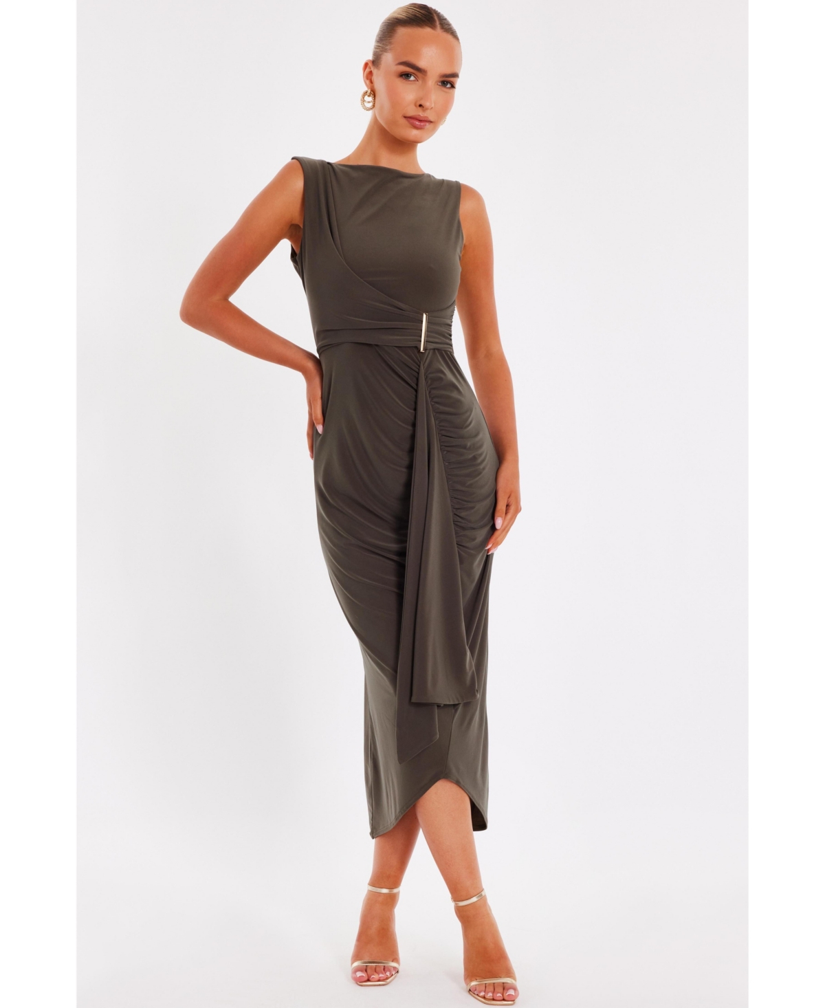 Quiz Womens Ity Wrap Maxi Dress with Gold Bar Trim - Olive