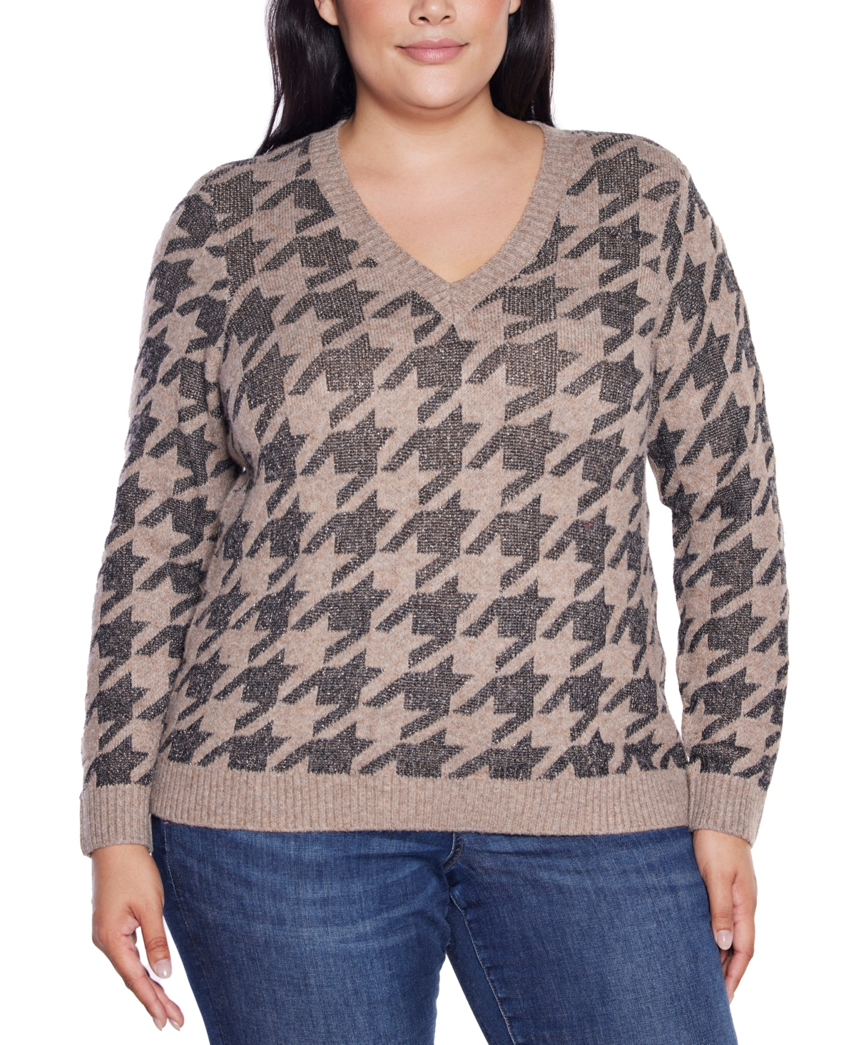 Click here for Belldini Plus Size Stylized-Houndstooth V-Neck Swe... prices