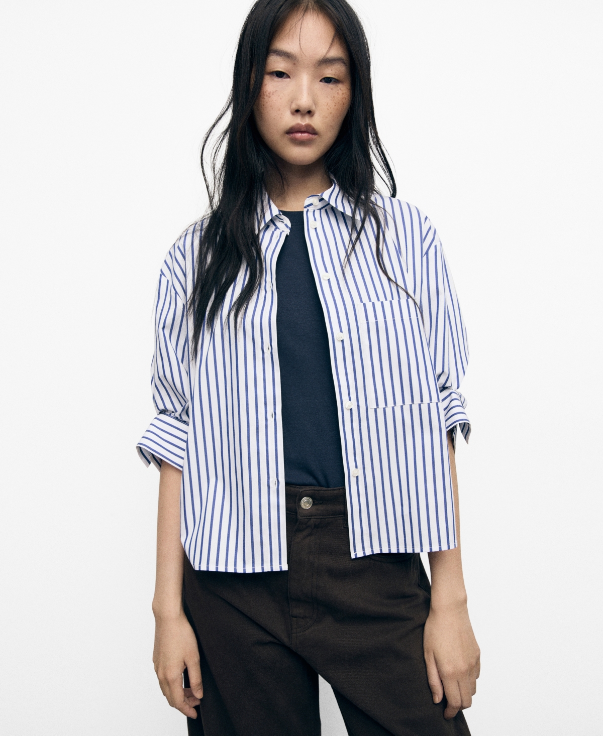 Click here for Mango Womens Striped Cropped Shirt - Sky Blue prices