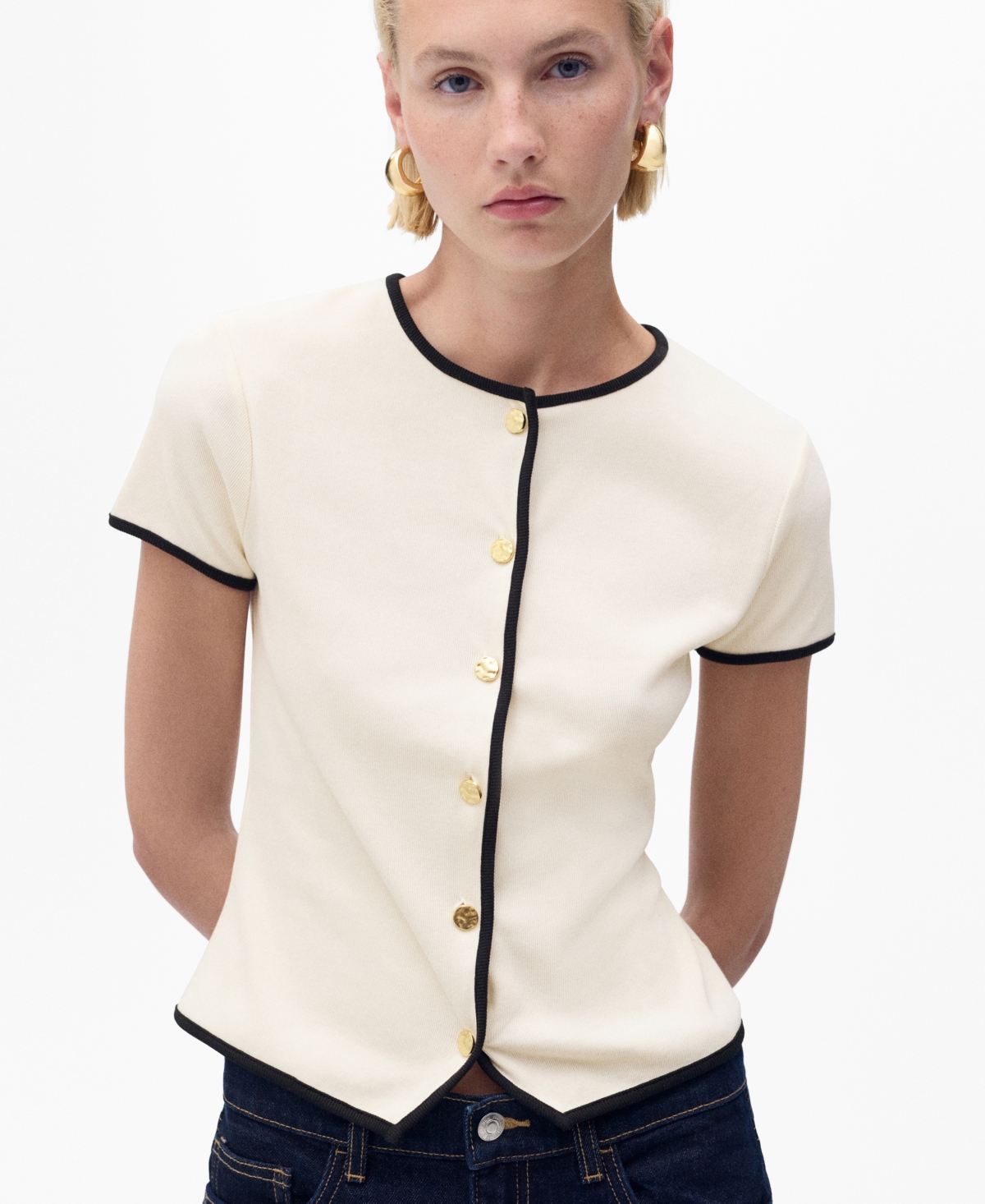 Click here for Mango Womens Contrasting Trim Cotton T-Shirt - Ecr... prices