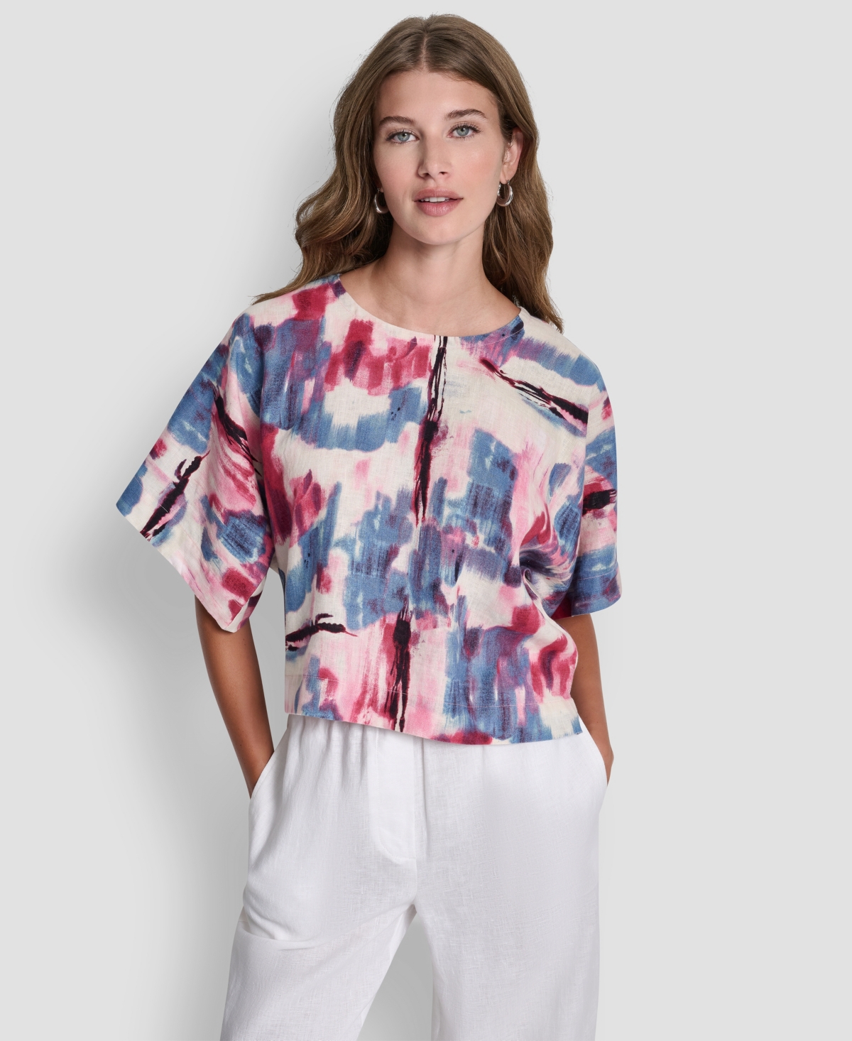 Click here for Dkny Womens Printed Drop Shoulder Crewneck Top - U... prices