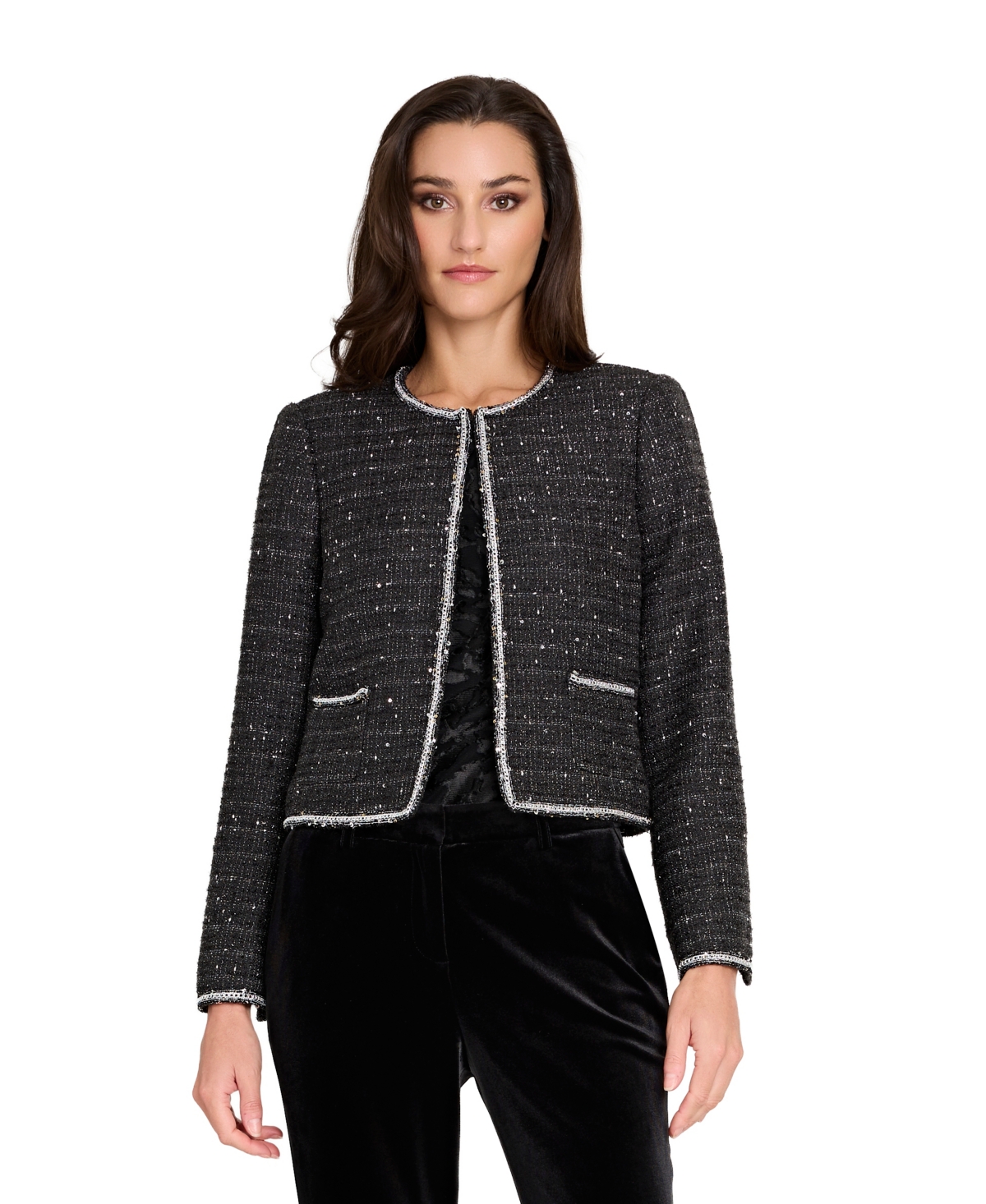 Click here for Tahari Asl Womens Long Sleeves Boucle Rhinestone J... prices