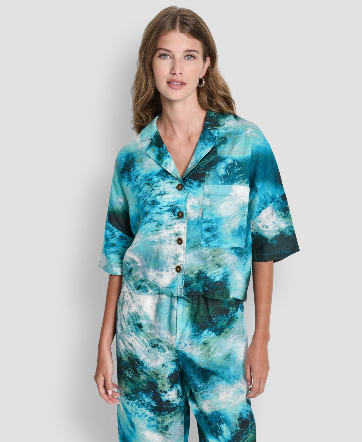 Click here for Dkny Womens Short Sleeve Printed Top - Tidal Brush... prices