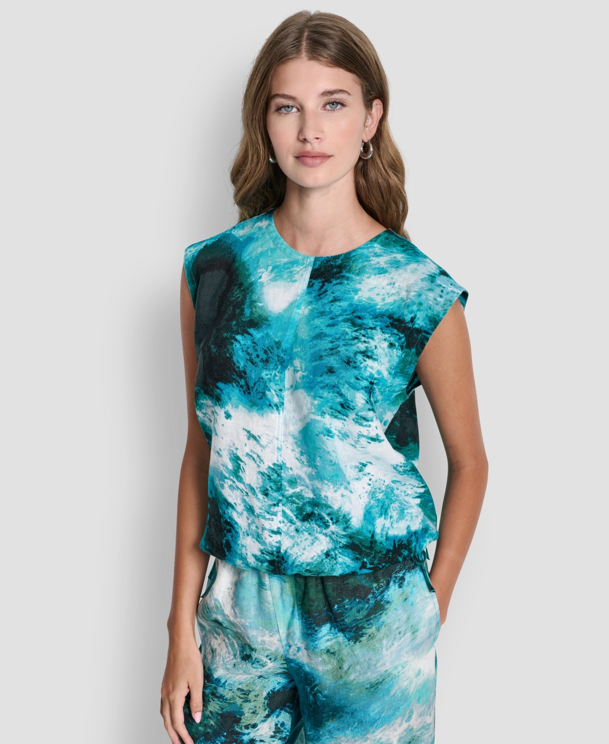 Dkny Womens Printed Drawstring Hem Sleeveless Top - Tidal Brushstroke