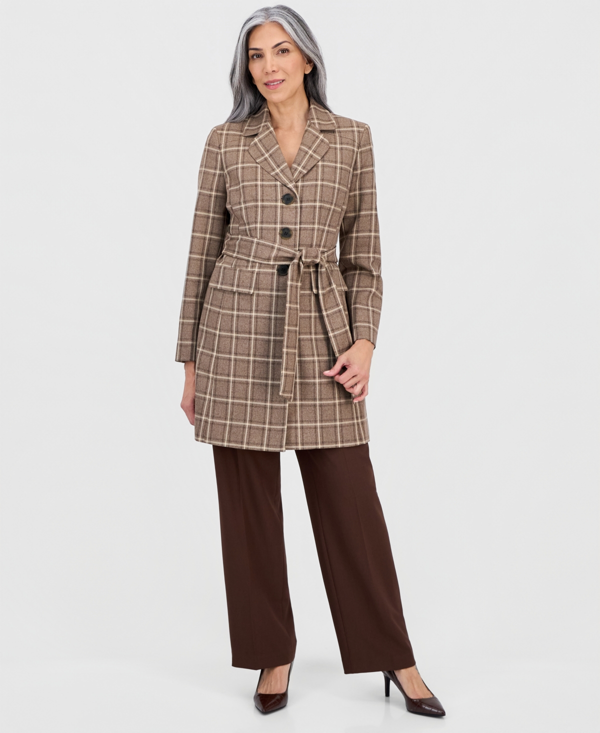 Le Suit Womens Belted Mid-Rise Pantsuit  Regular & Petites - Brown Multi