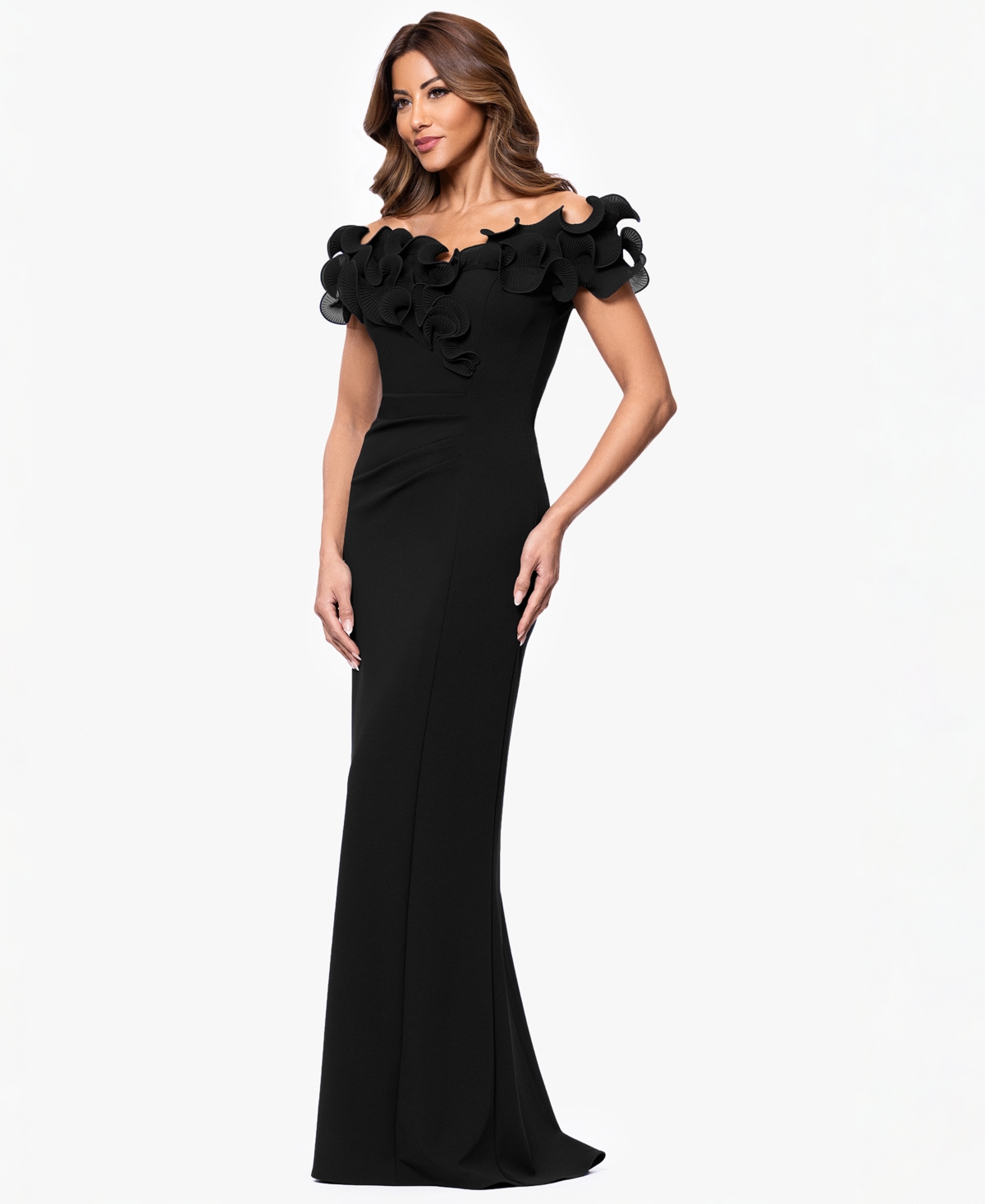 Click here for Xscape Womens Ruffled-Off-The-Shoulder Crepe Gown... prices
