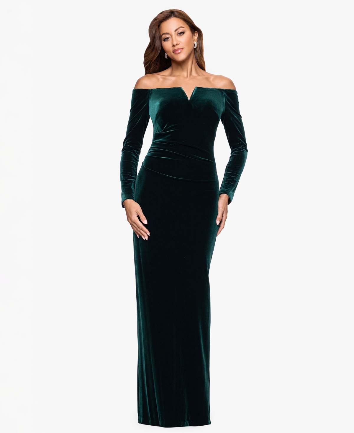 Click here for Xscape Velvet Off-The-Shoulder Gown - Hunter prices