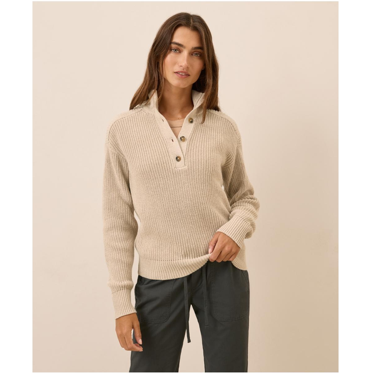 Click here for Pact Womens Luxe Knit Henley Sweater - Flax heathe... prices