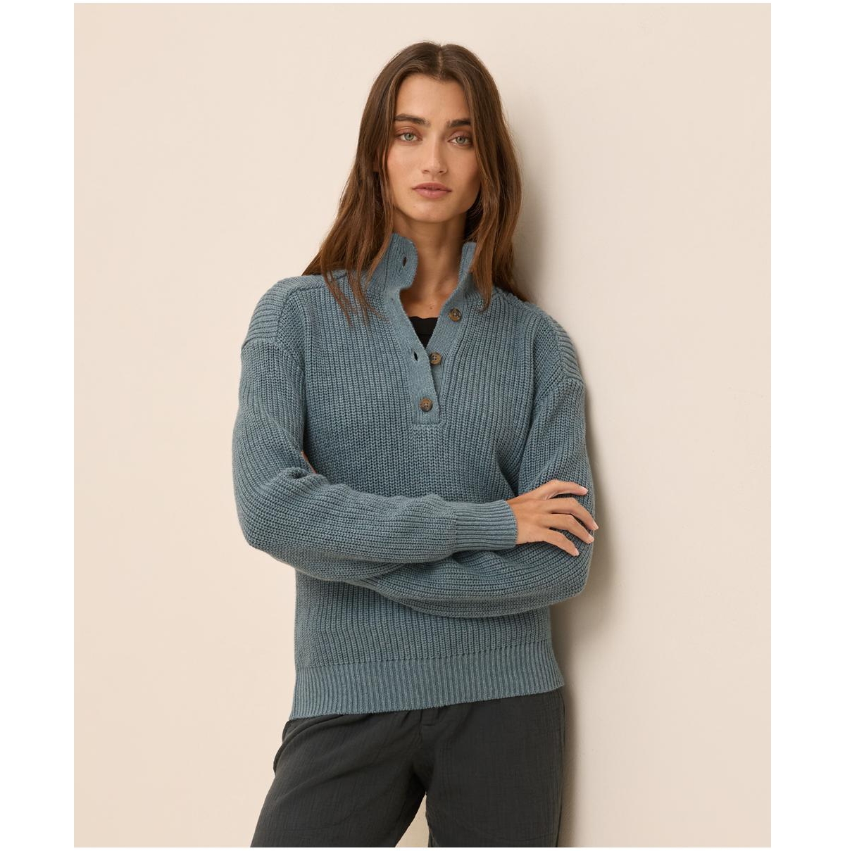 Click here for Pact Womens Luxe Knit Henley Sweater - River rock... prices