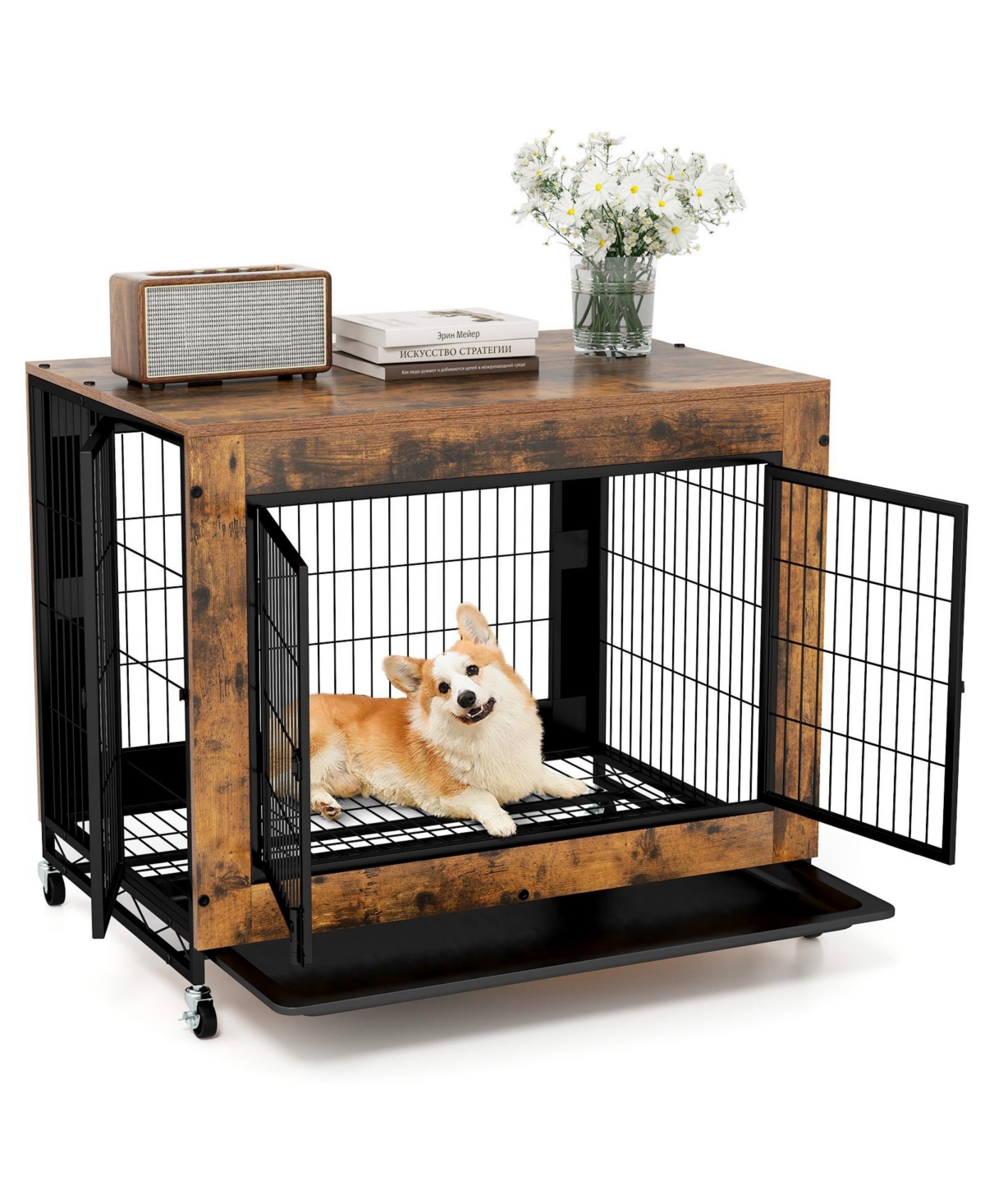Gymax Dog Crate Furniture Industrial Dog Kennel w/ Flip-up Top Decorative Pet House - Brown