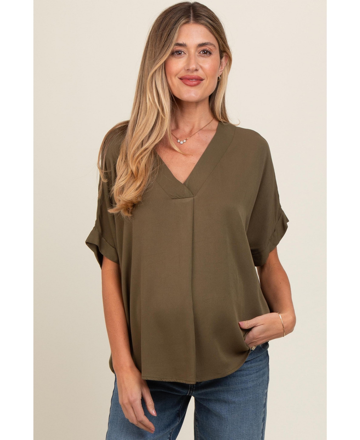 Pinkblush Maternity Olive V-Neck Pin-Tuck Detail Top - Olive green