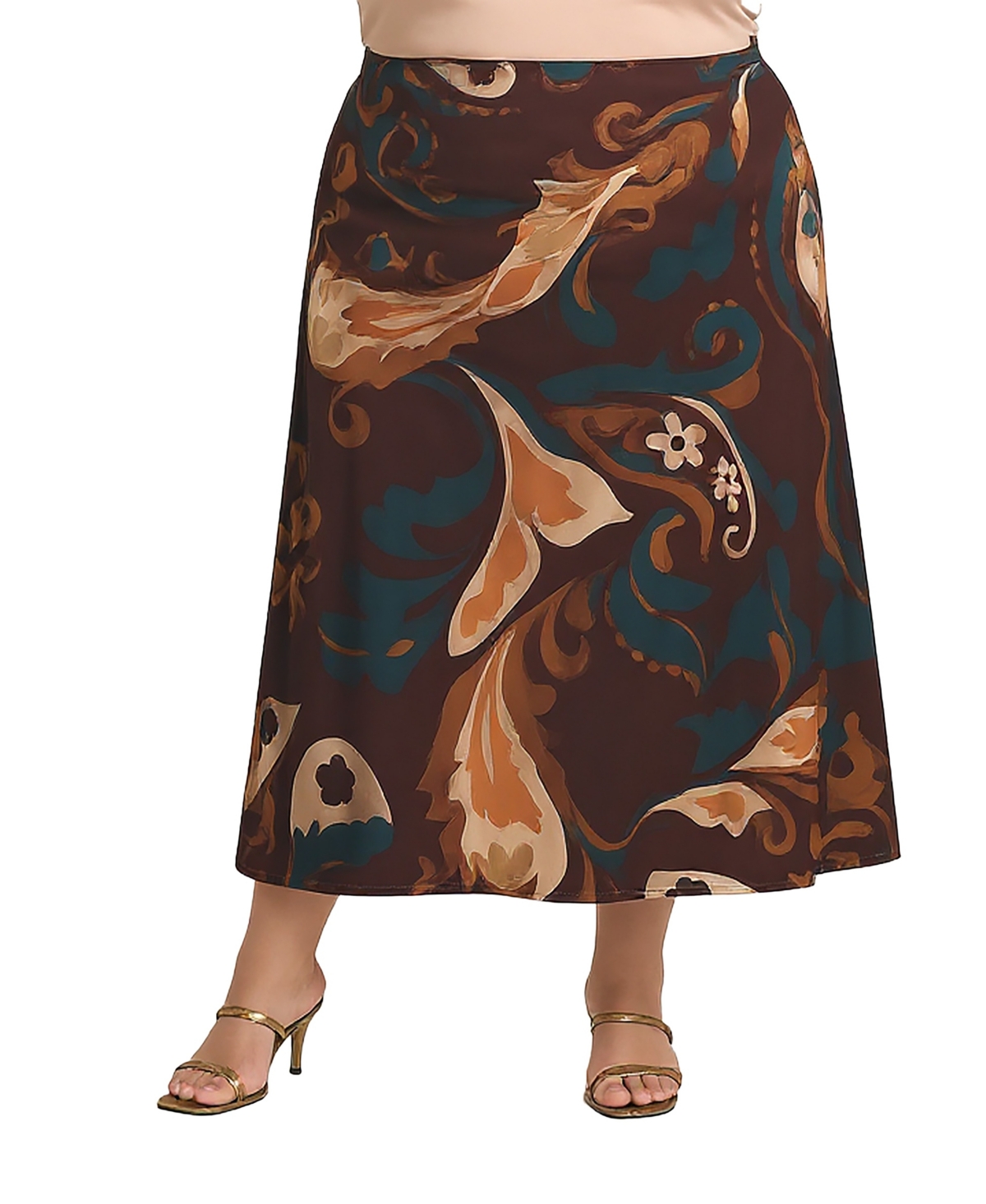 24seven Comfort Apparel Plus Size Elastic Waist Midi Skirts - Brown Multi