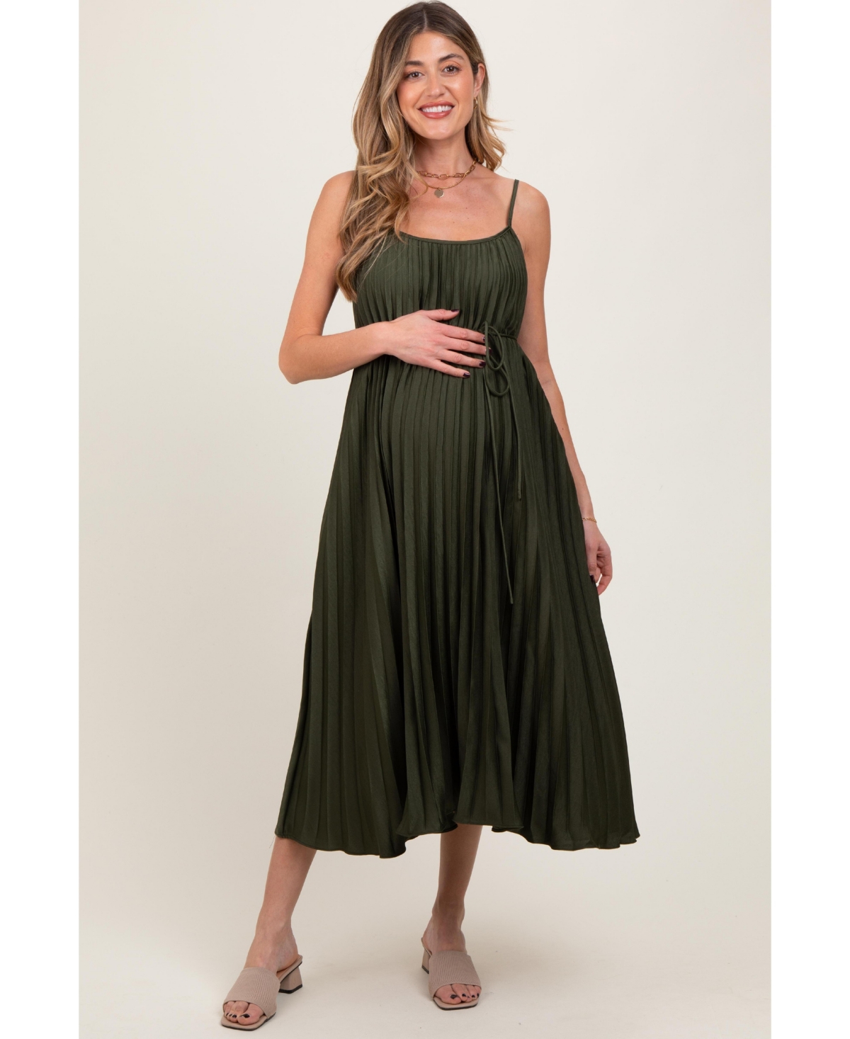 Pinkblush Maternity Light Blue Pleated Sash Tie Midi Dress - Olive green