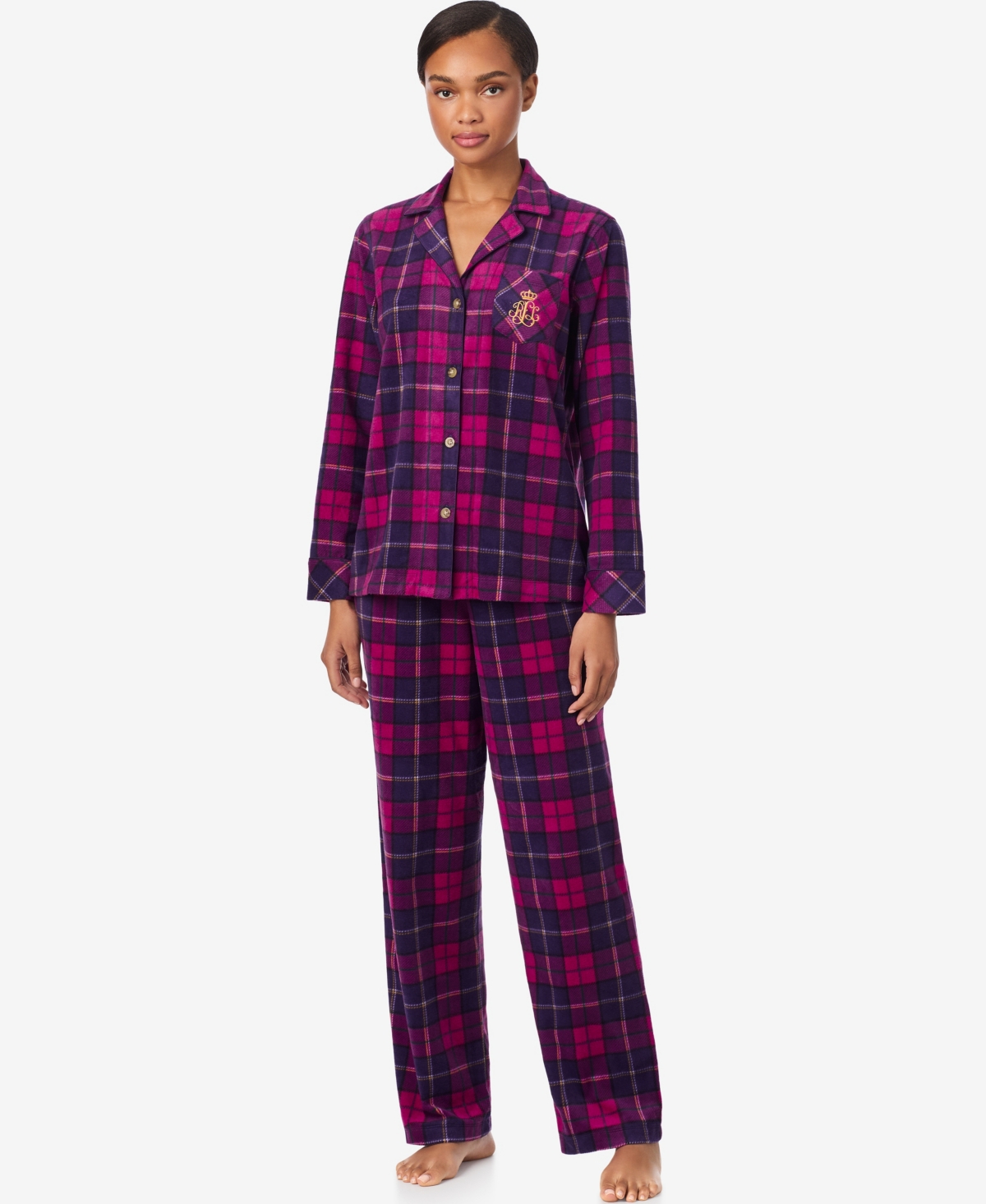Lauren Ralph Lauren Womens Long Sleeves Notch Collar Pajama Set - Pink plaid