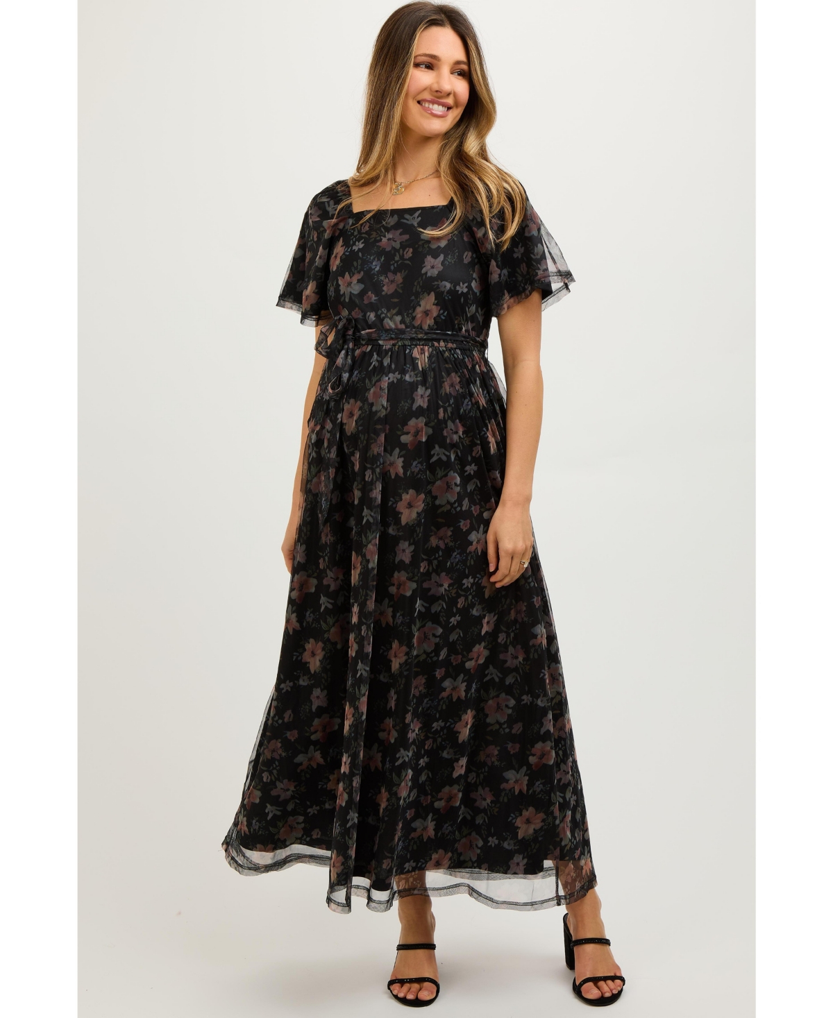 Click here for Pinkblush Maternity Black Floral Waist Tie Midi Dr... prices