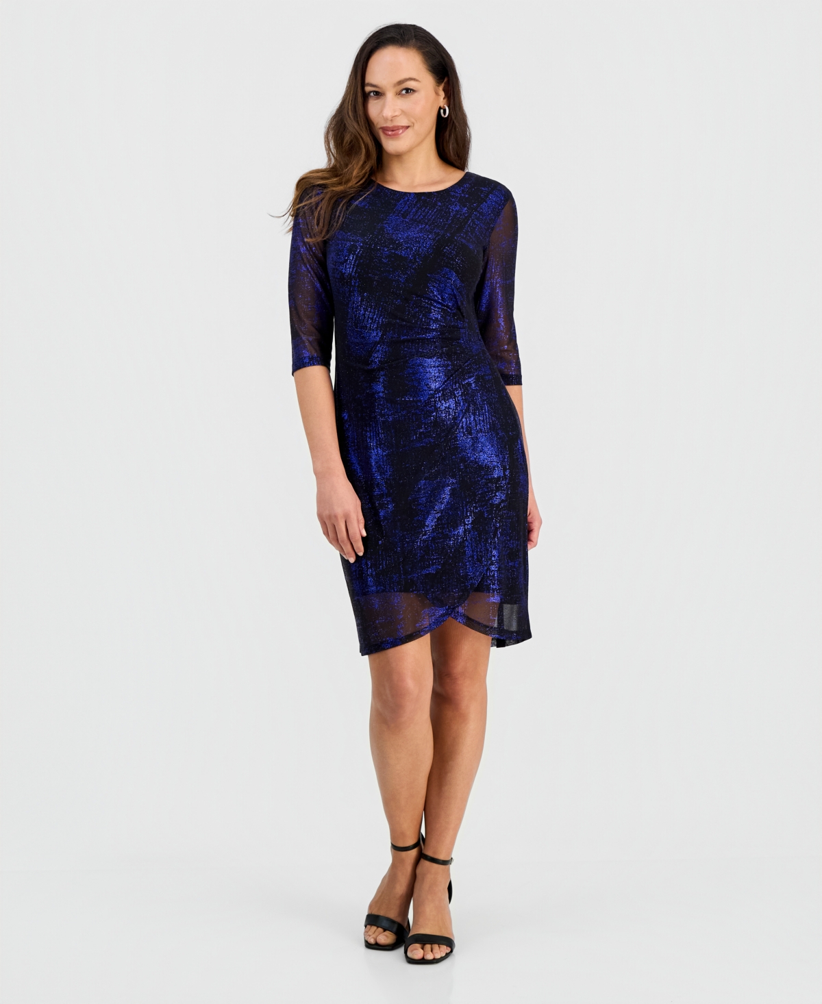 Click here for Connected Petite Sparkle Mesh 3/4-Sleeve Sheath Dr... prices