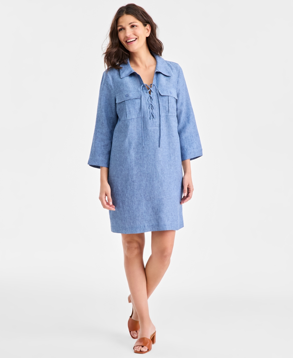 Click here for Charter Club Womens 100 Linen Lace-Up 3/4-Sleeve U... prices