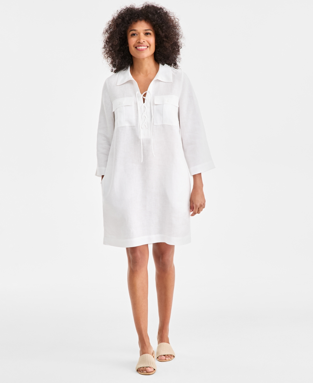 Click here for Charter Club Womens 100 Linen Lace-Up 3/4-Sleeve U... prices