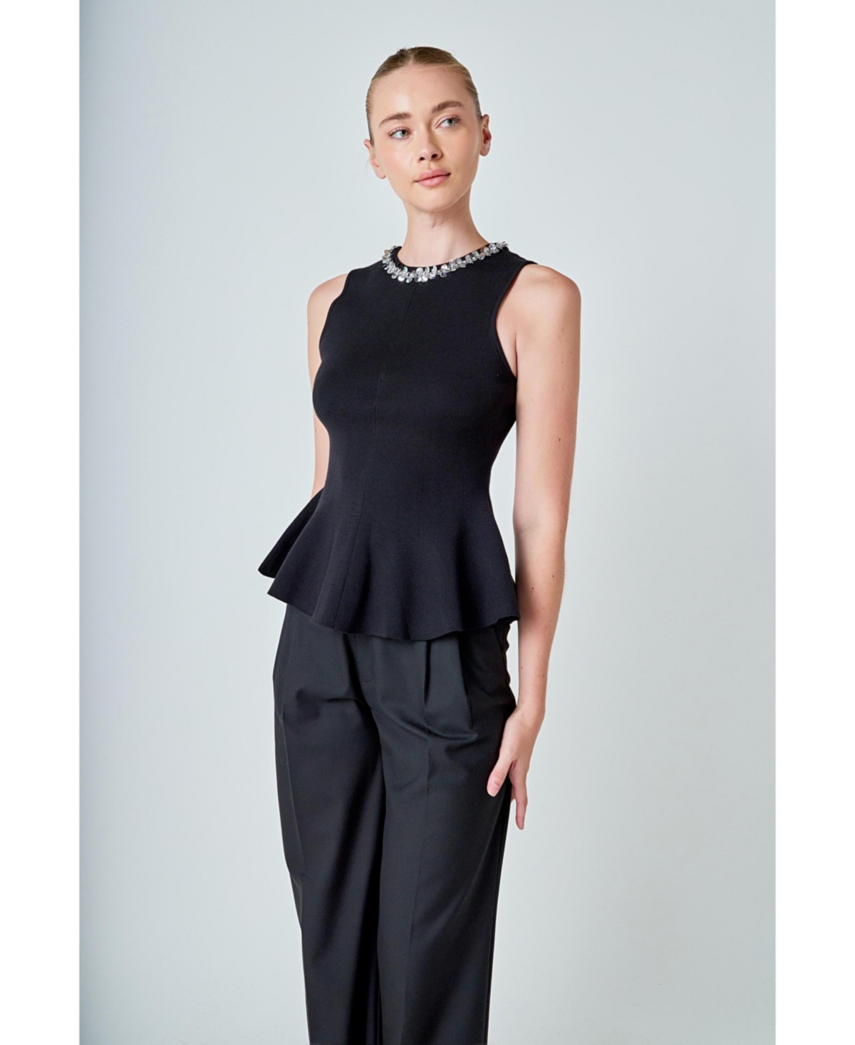 Click here for endless rose Womens Jewel Trim Peplum Top - Black prices