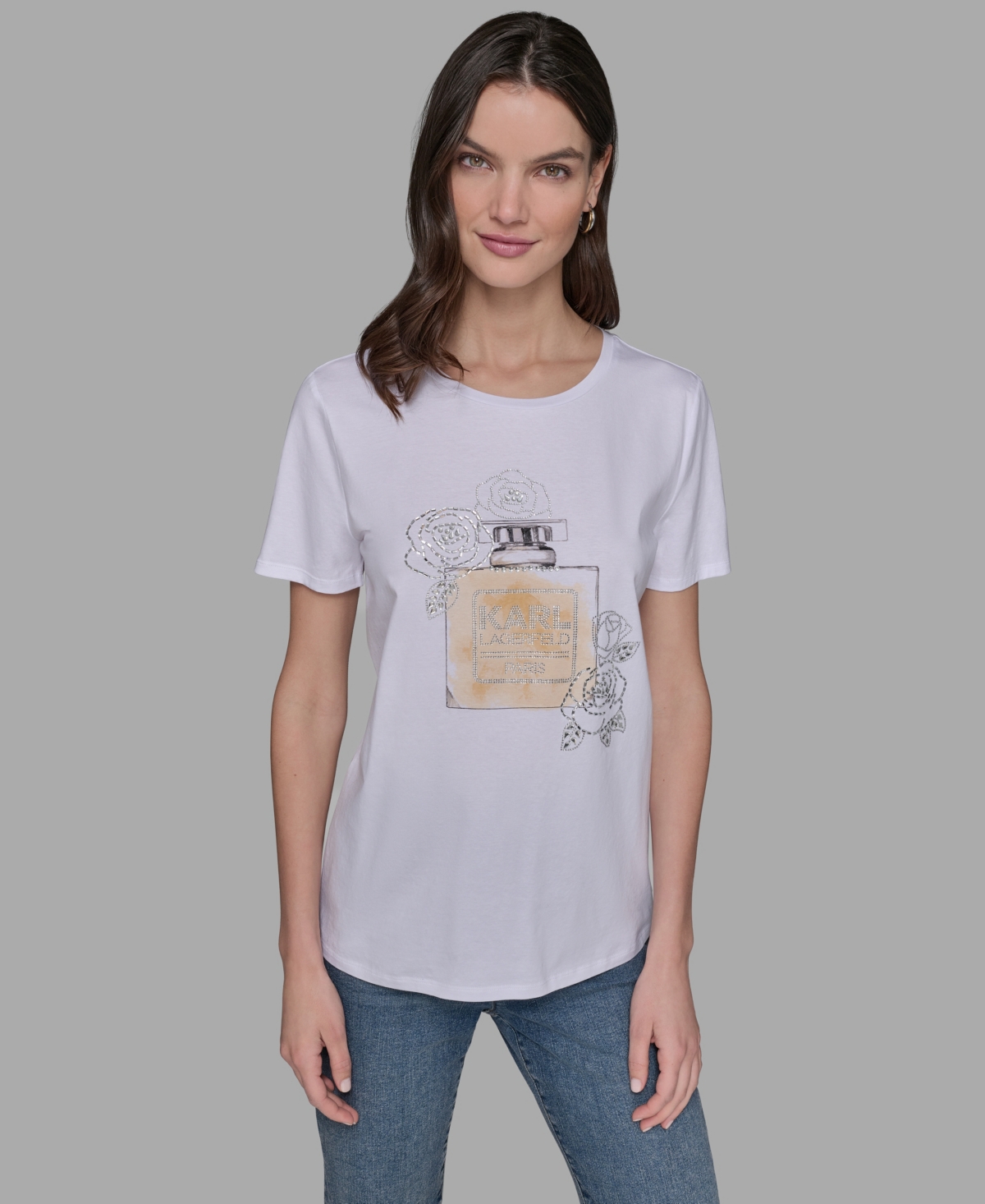 Karl Lagerfeld Paris Womens Crewneck Embellished Perfume Bottle T-Shirt - White