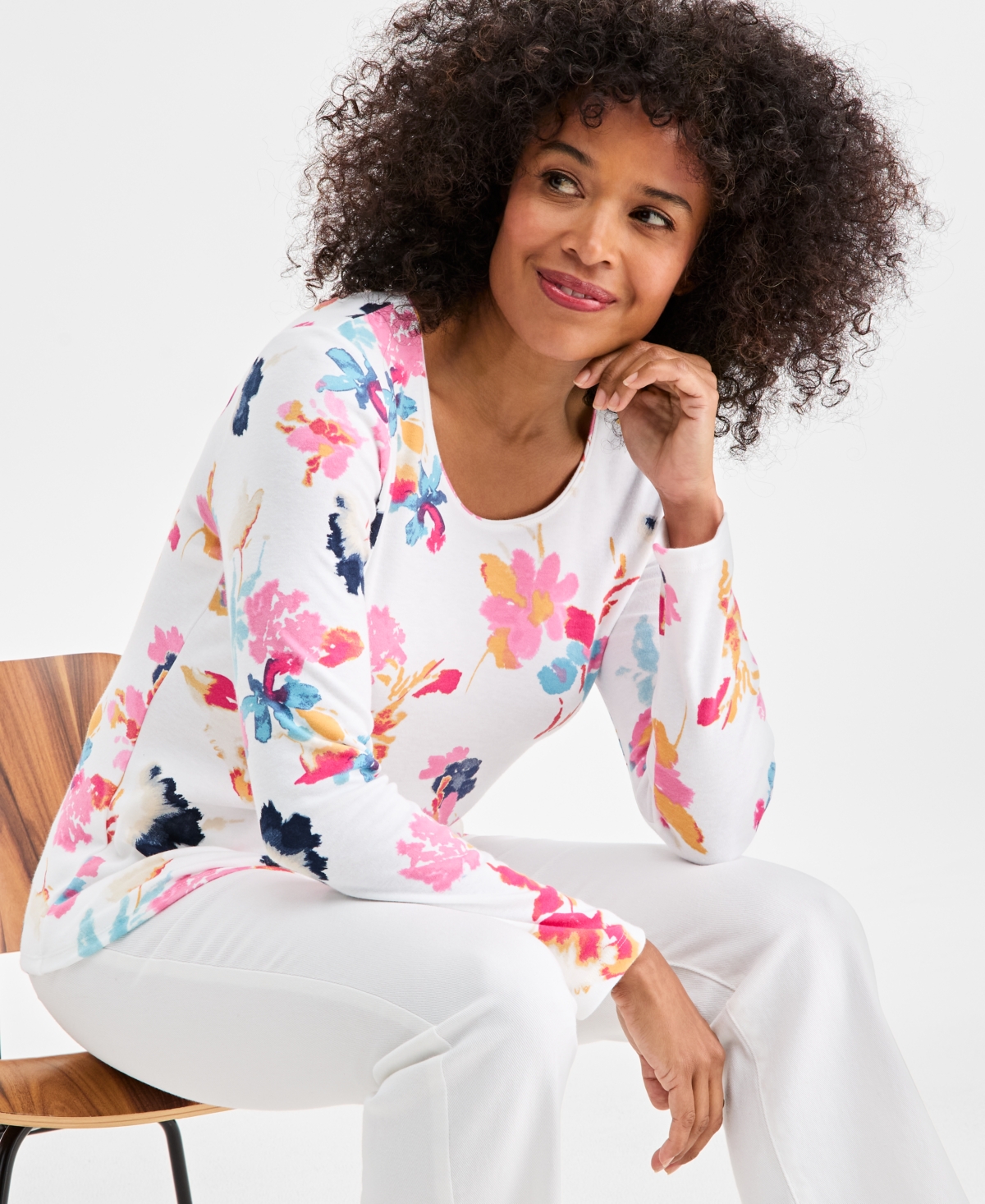 Click here for Style & Co Womens Printed Long-Sleeve Scoop-Neck T... prices