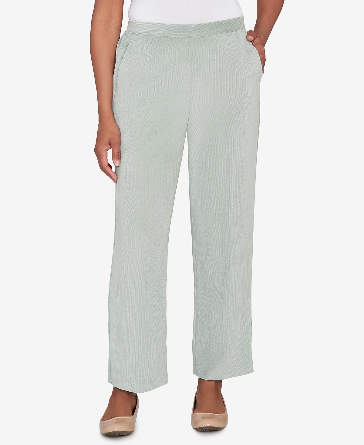 Alfred Dunner Petite Stockbridge Pull-On Corduroy Flat Front Average Length Pants - Sage